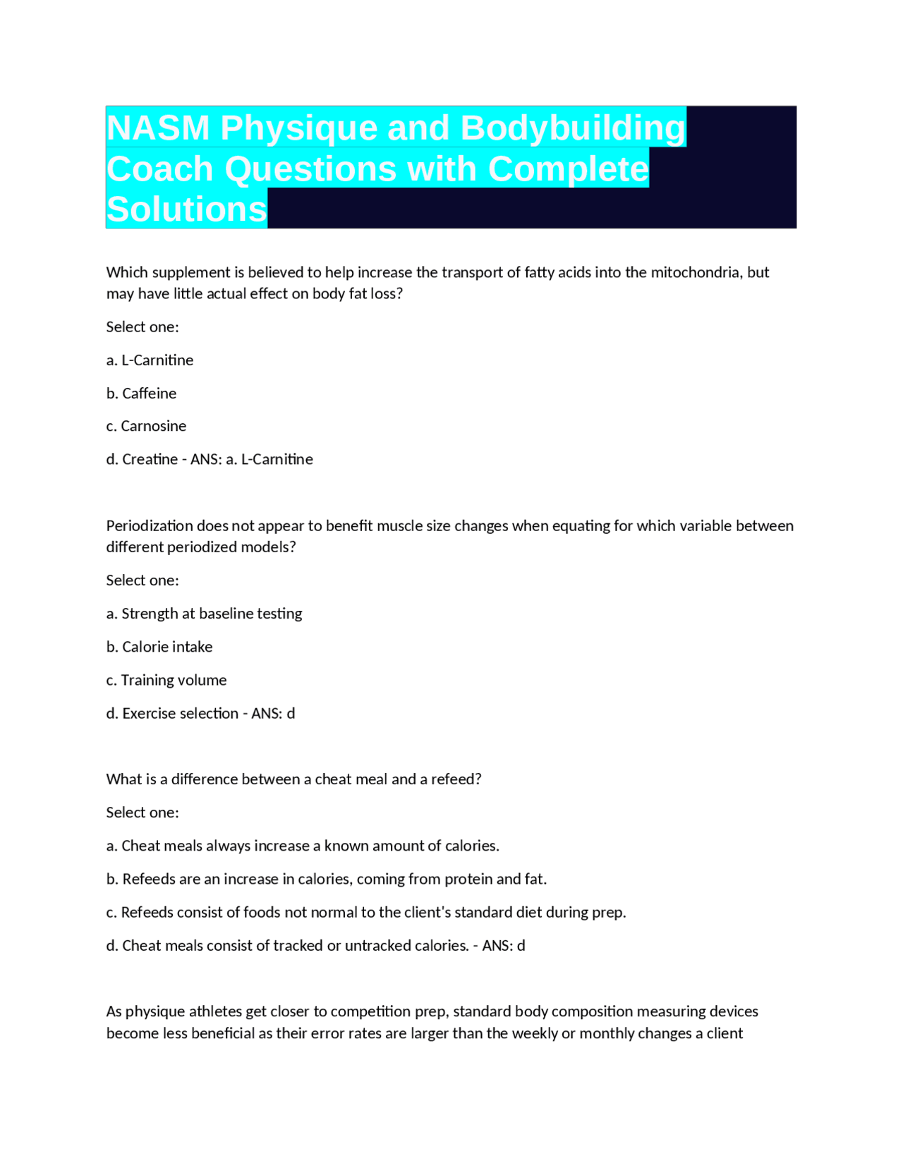 NASM Physique and Bodybuilding Coach Questions with Complete Solutions | Exams Medicine | Docsity