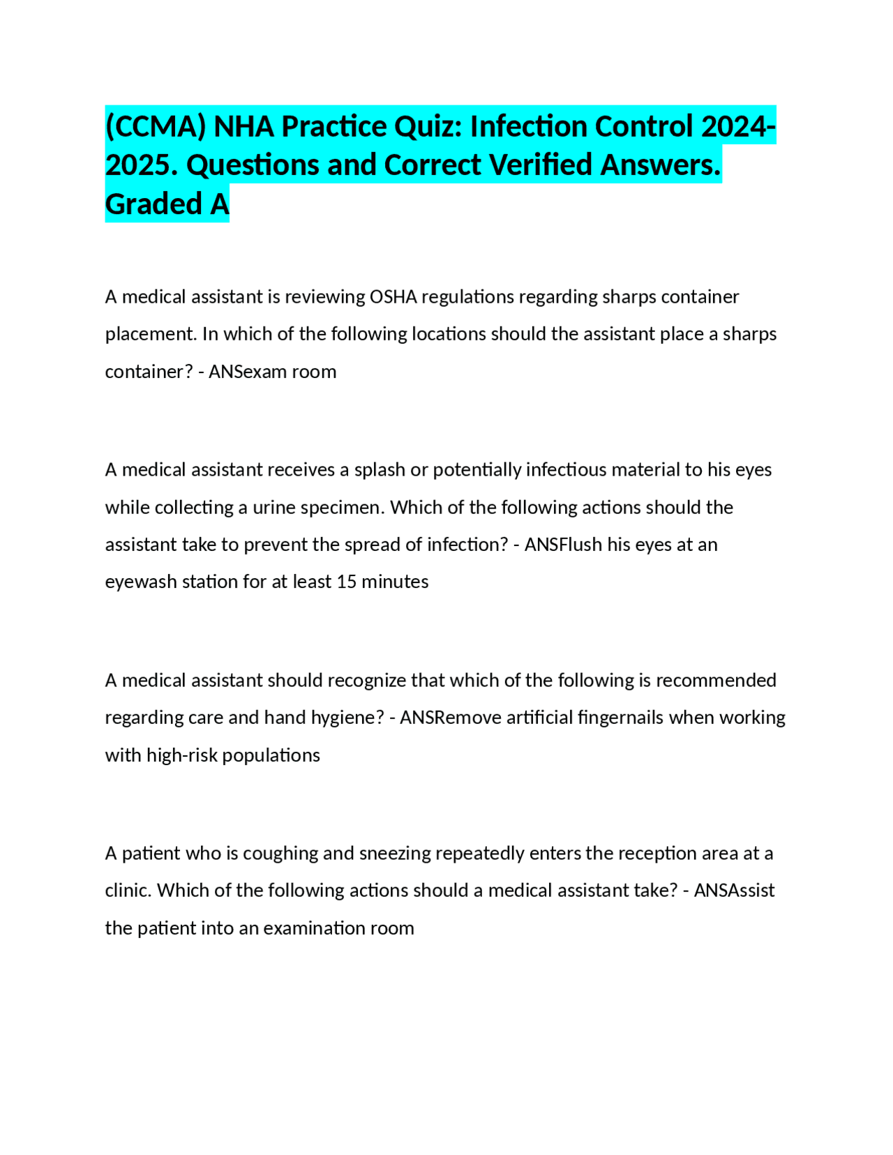 (CCMA) NHA Practice Quiz: Infection Control 2024-2025. Questions and ...
