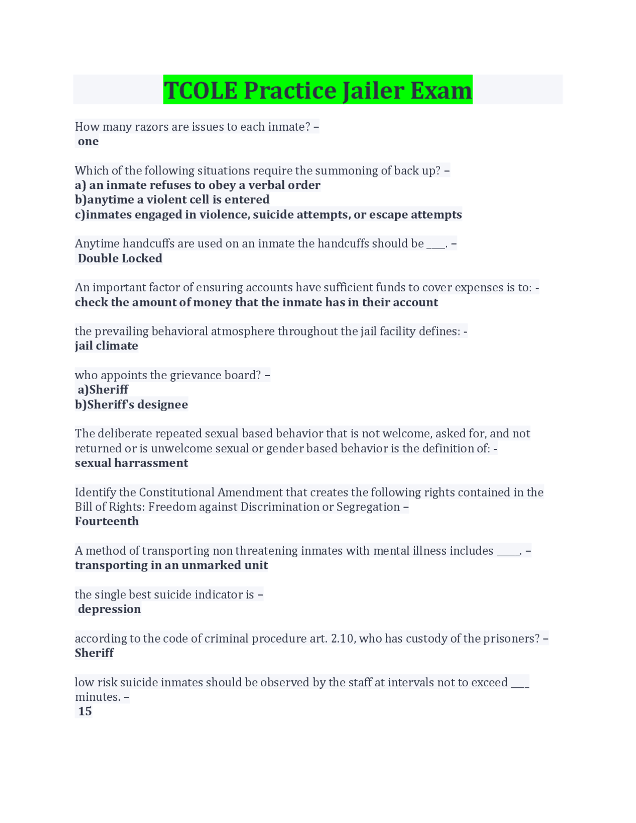 TCOLE Practice Jailer Exam Questions And Answers | Exams Advanced ...