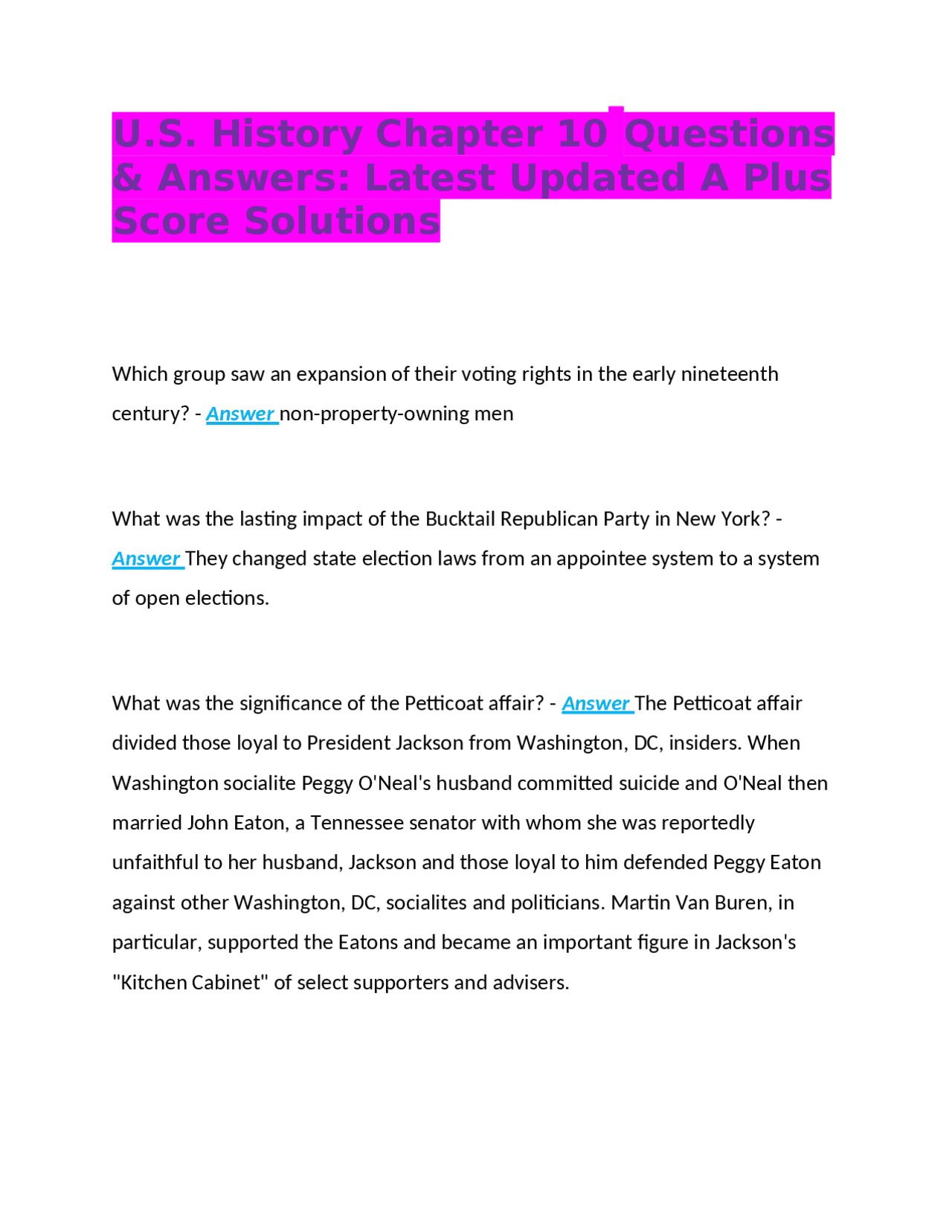 U.S. History Chapter 10 Questions and Answers: Latest Updated A Plus ...