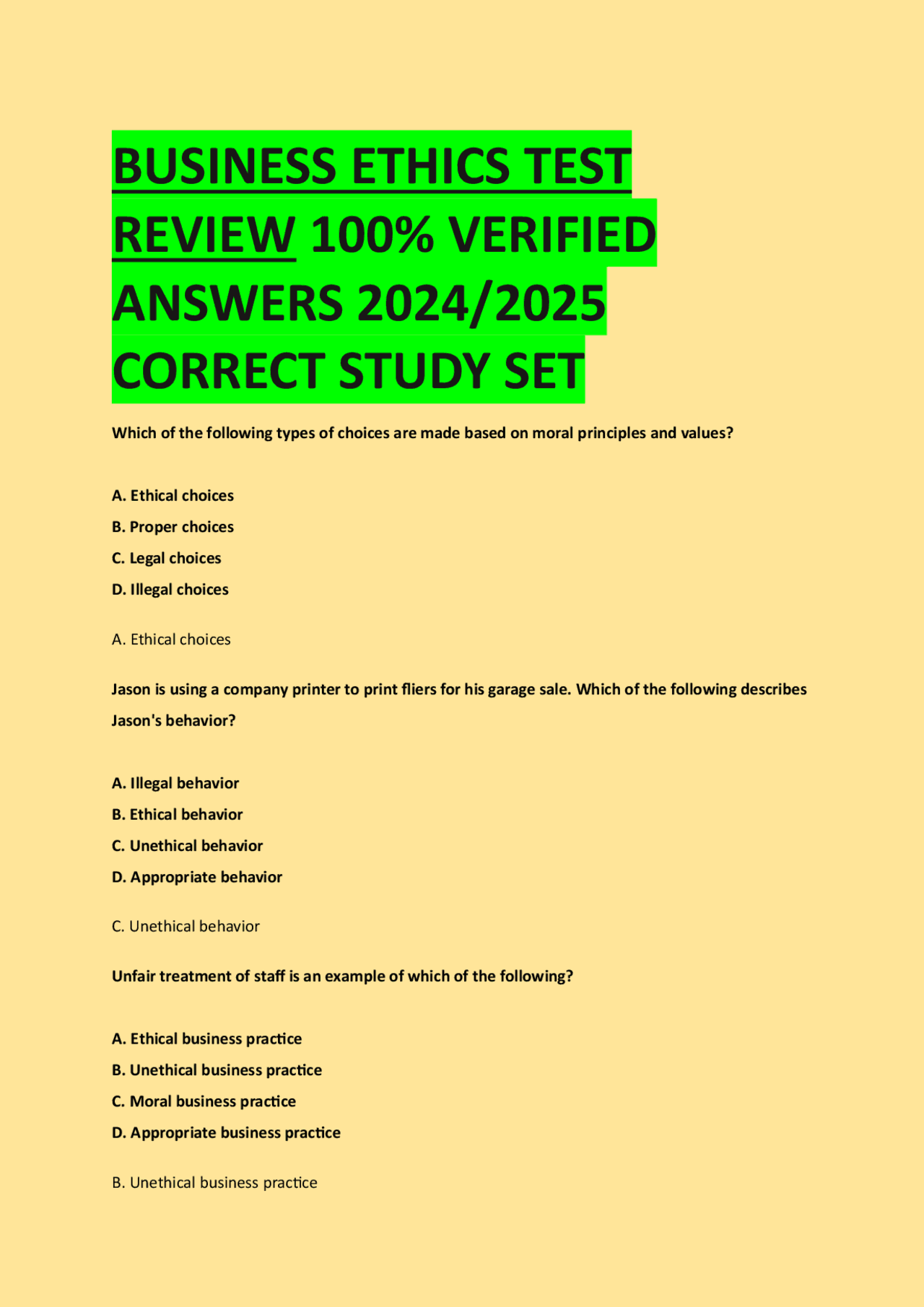 BUSINESS ETHICS TEST REVIEW 100% VERIFIED ANSWERS 2024/2025 CORRECT ...