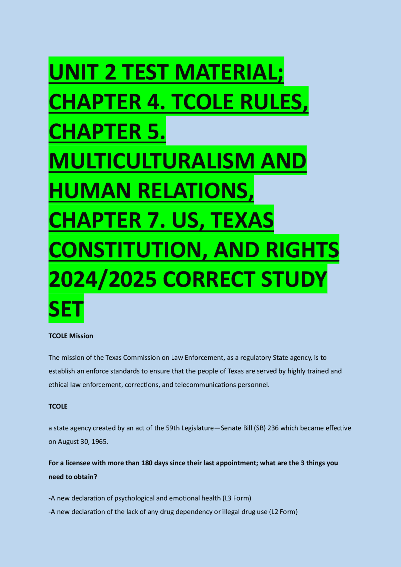 UNIT 2 TEST MATERIAL; CHAPTER 4. TCOLE RULES, CHAPTER 5 ...