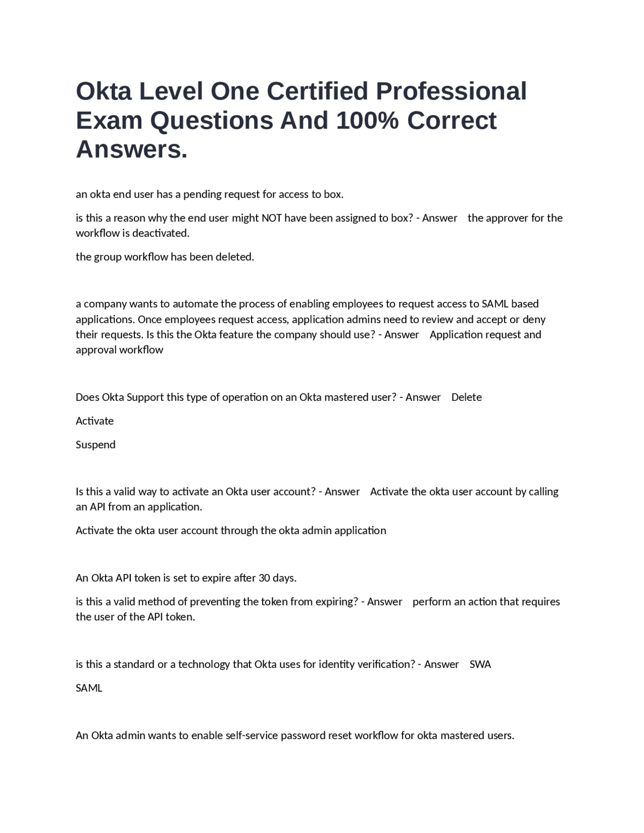 Okta Level One Certified Professional Exam Questions and Answers | Exams Nursing | Docsity