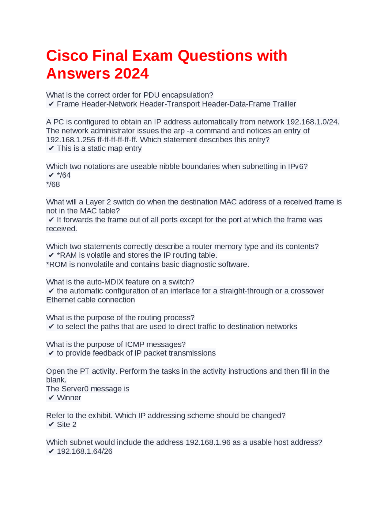 Cisco Final Exam Questions with Answers 2024 | Exams Computer Science | Docsity
