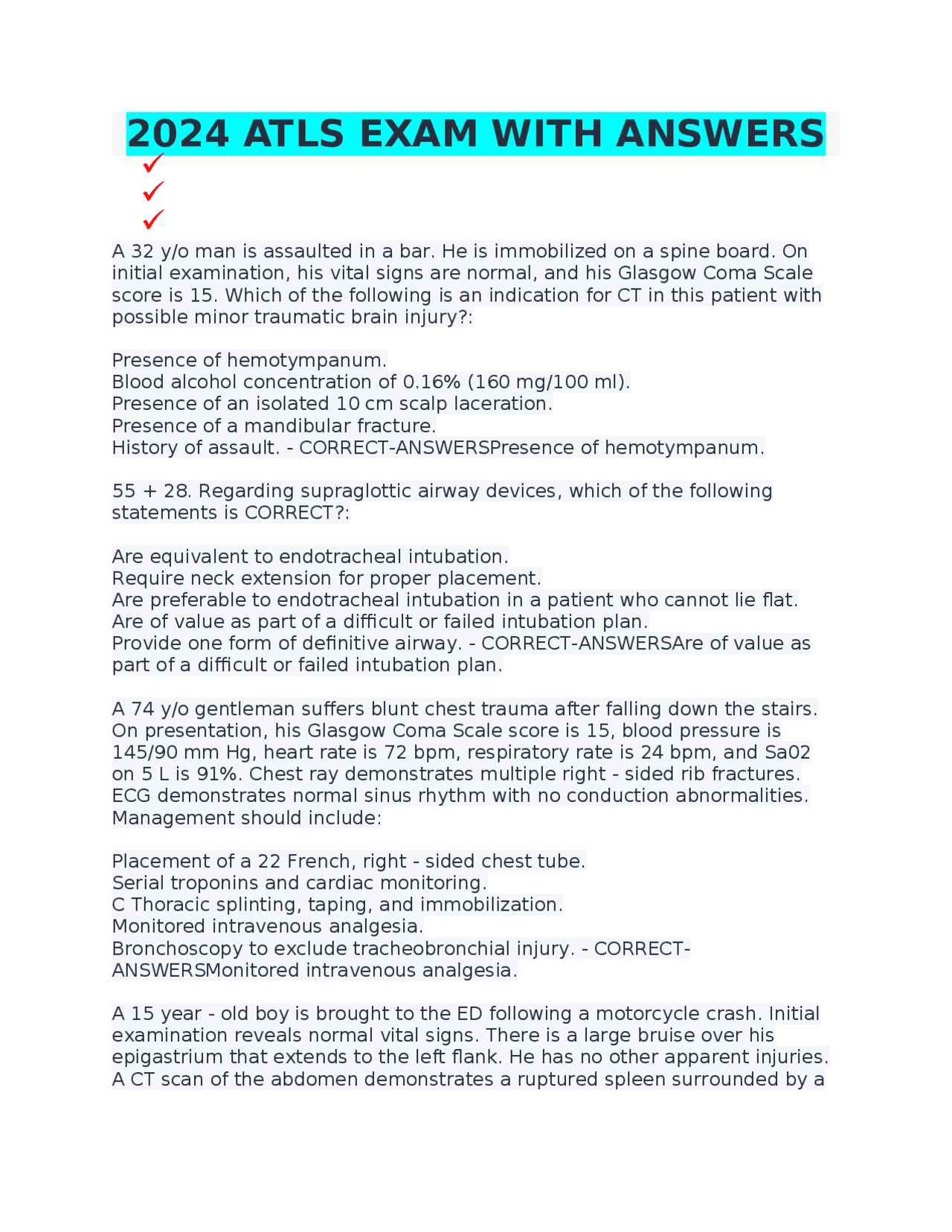 2024 ATLS EXAM WITH ANSWERS | Exams Advanced Education | Docsity
