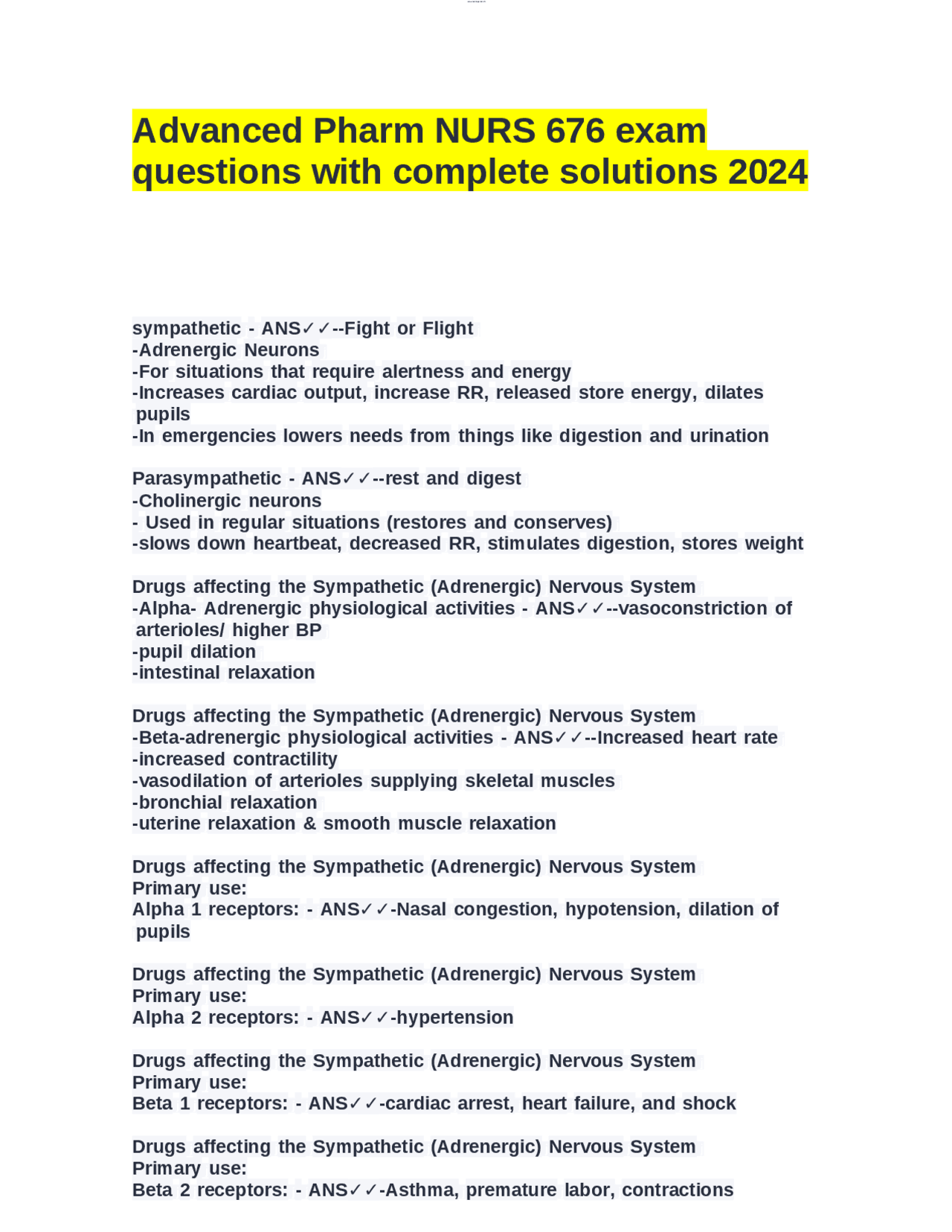 Autonomic Nervous System: Pharmacology Exam Questions and Answers ...