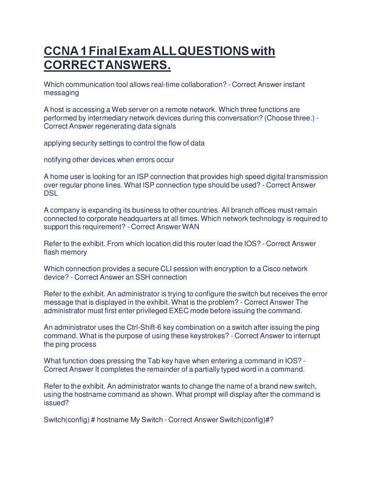 Ccna 1 Final Exam Questions And Answers Exams Computer Science Docsity