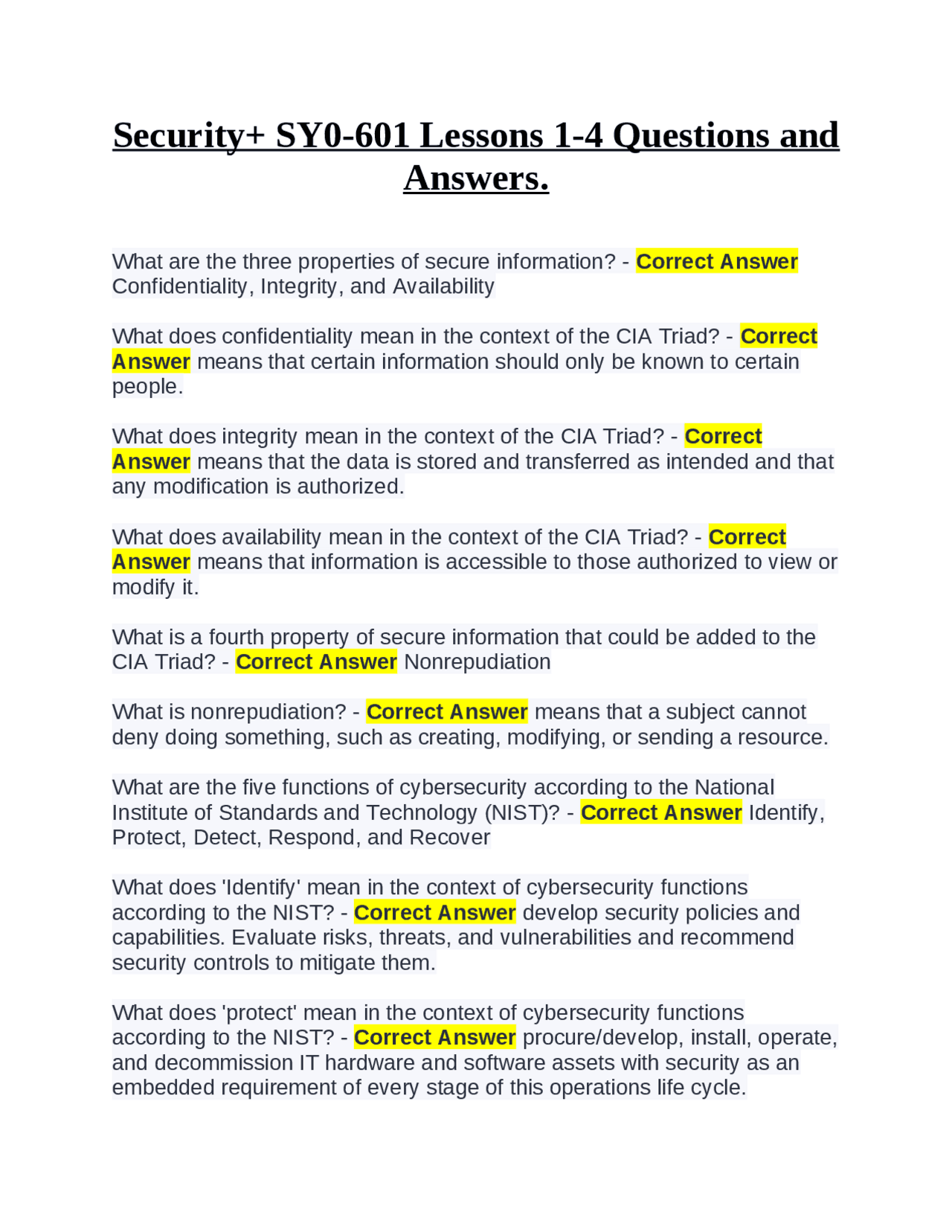 Security+ SY0-601 Lessons 1-4 Questions and Answers | Exams Cryptography and System Security ...