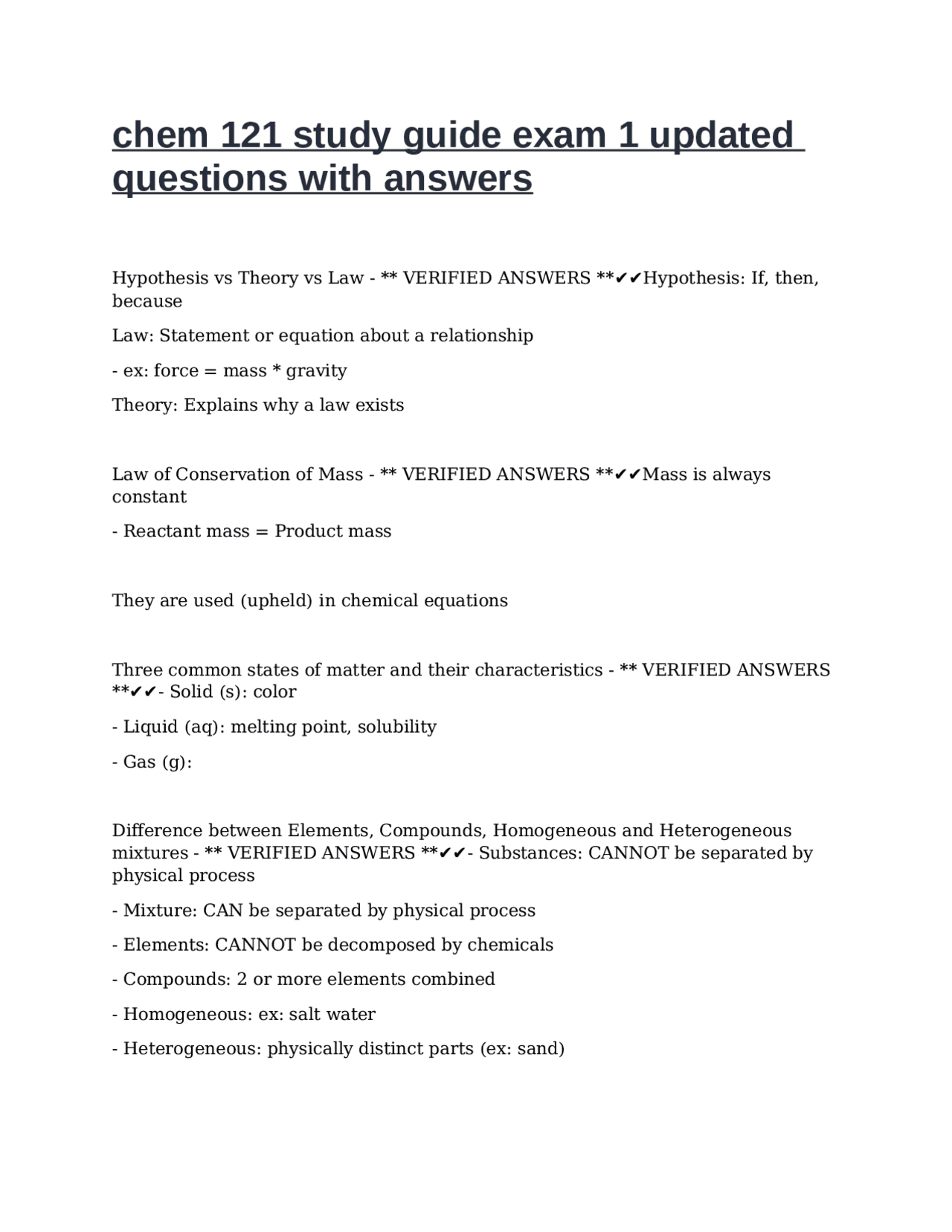 Chem 121 Study Guide Exam 1 Updated Questions With Answers Exams