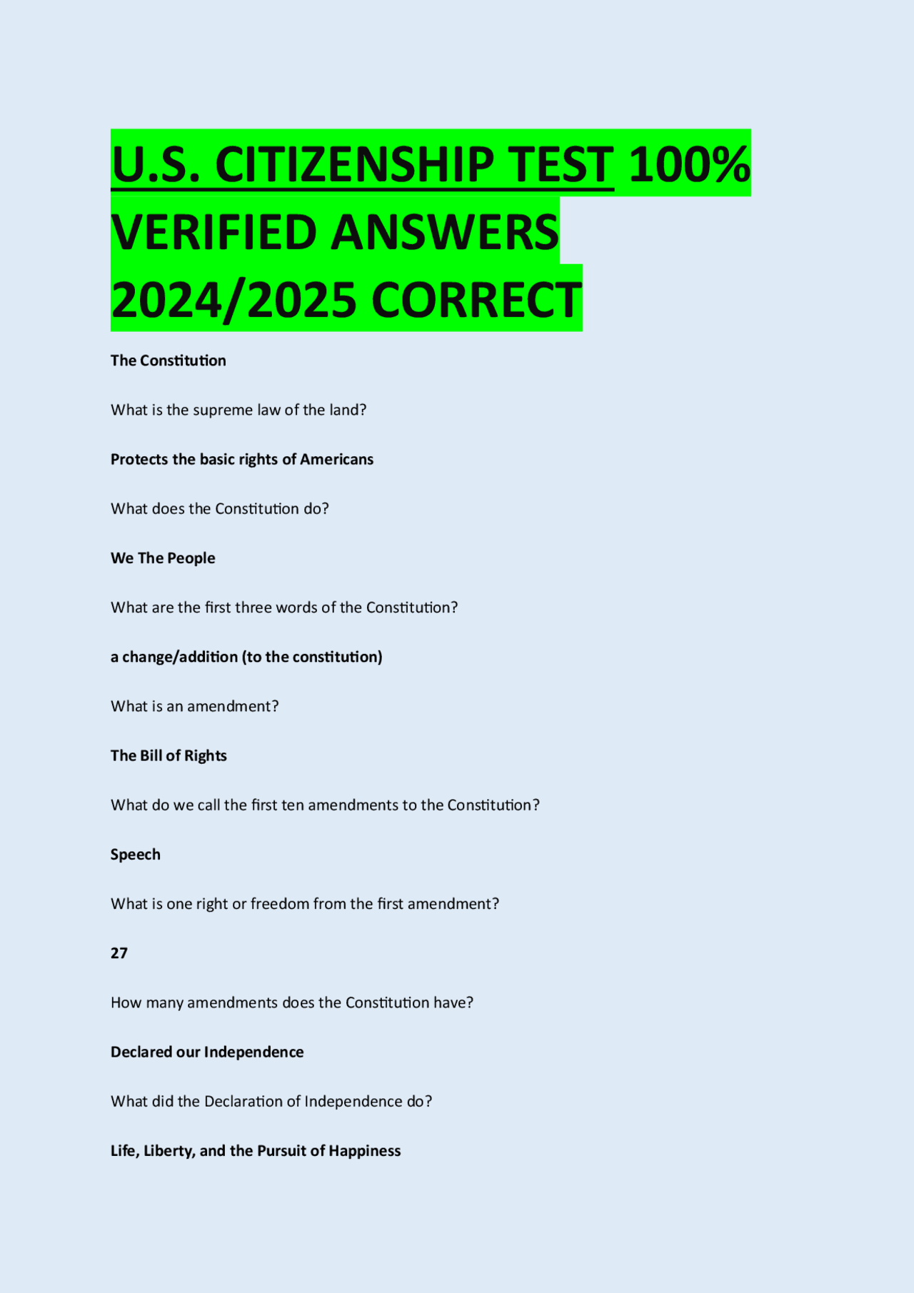 U.S. CITIZENSHIP TEST 100% VERIFIED ANSWERS 2024/2025 CORRECT | Exams ...