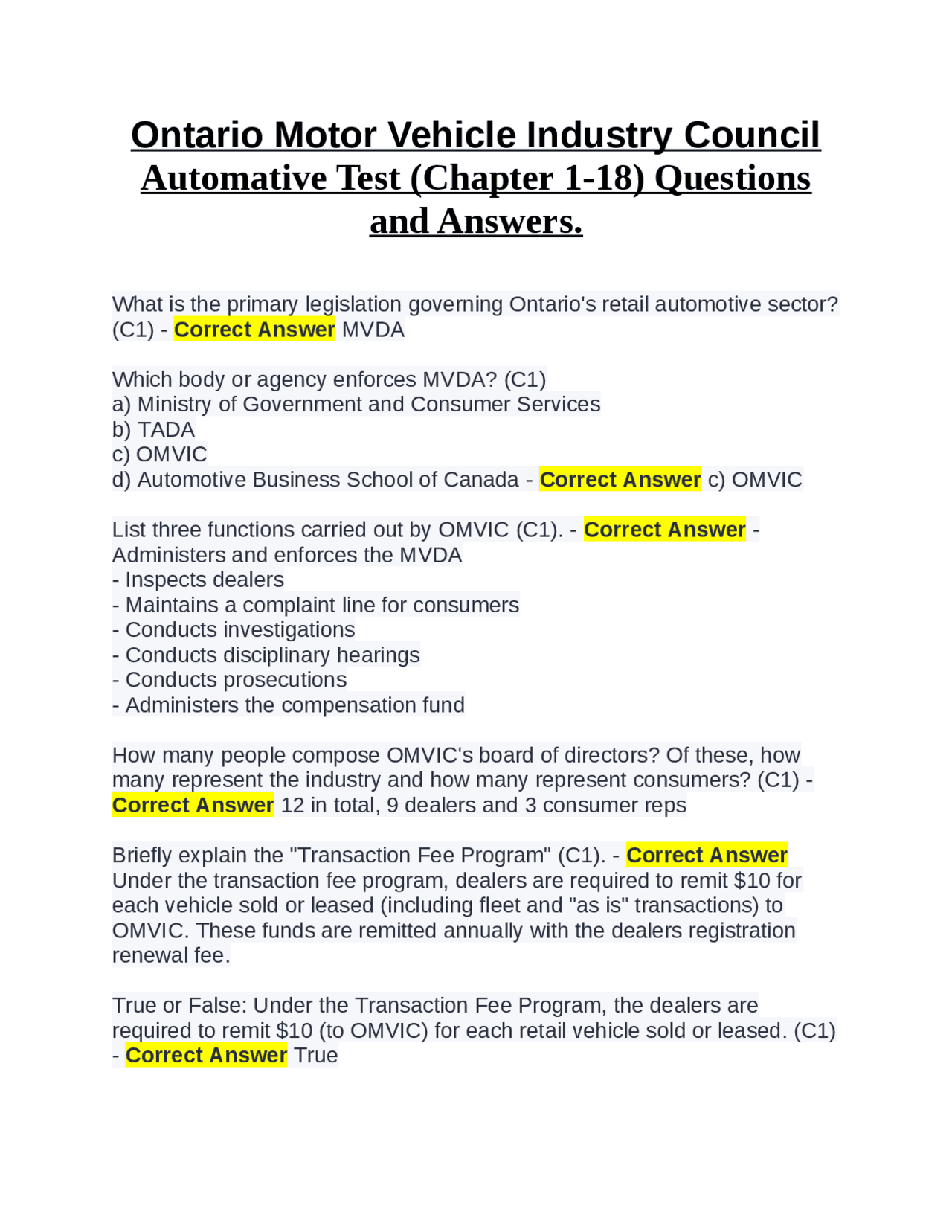 Ontario Motor Vehicle Industry Council: Automotive Test Questions and ...