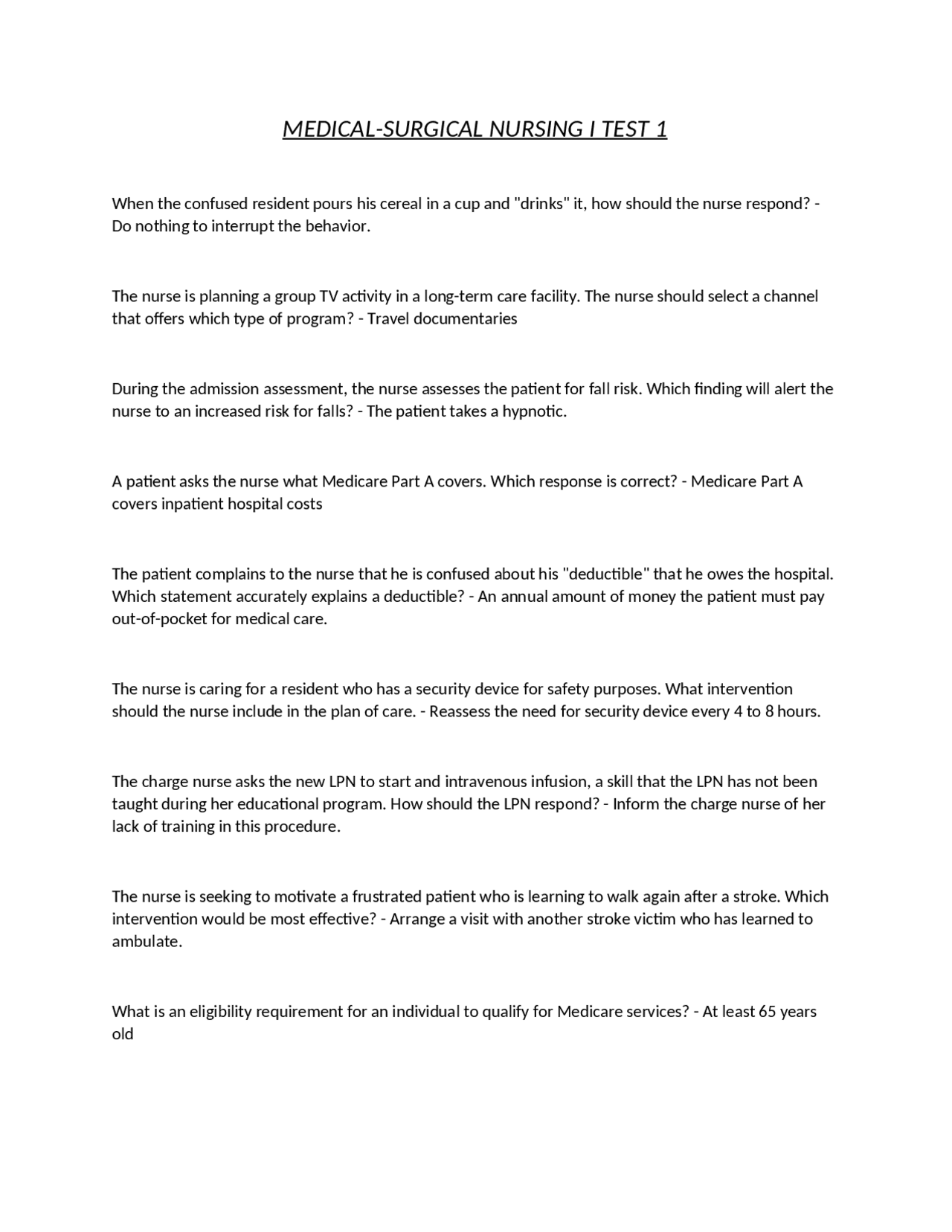 Medical-Surgical Nursing I Test 1: Multiple Choice Questions and ...