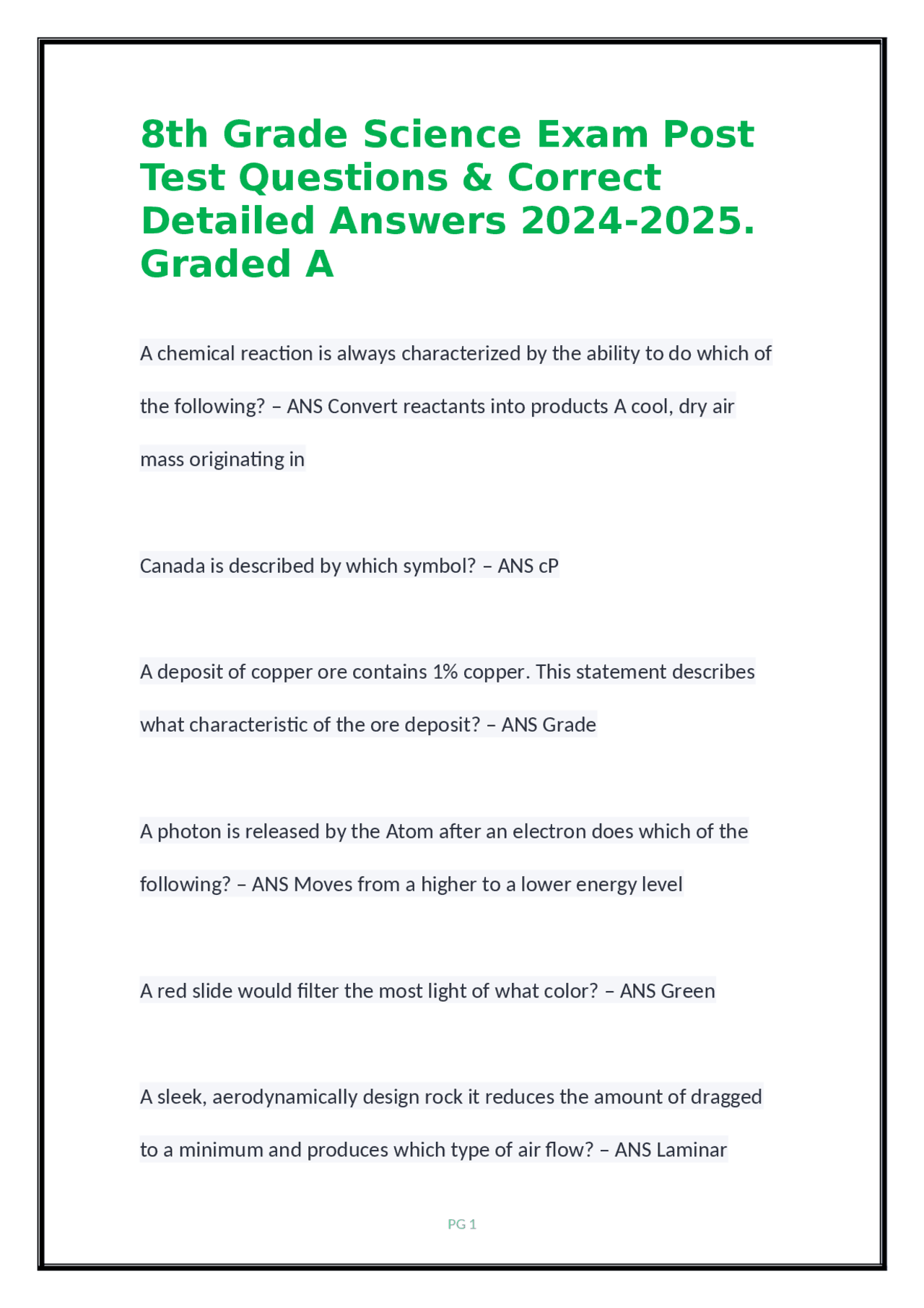 8th Grade Science Exam Post Test Questions & Correct Detailed Answers ...