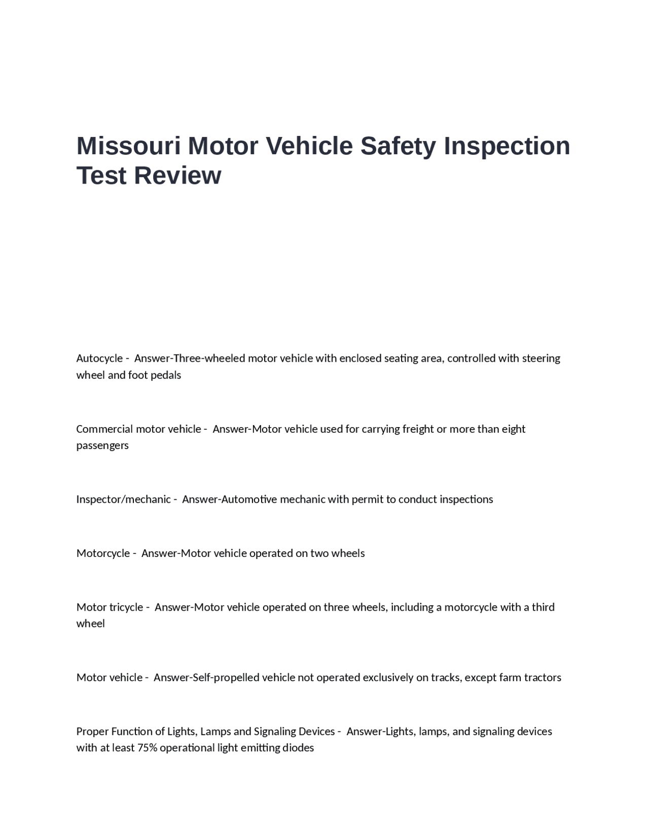 Missouri Motor Vehicle Safety Inspection Test Review Questions and ...