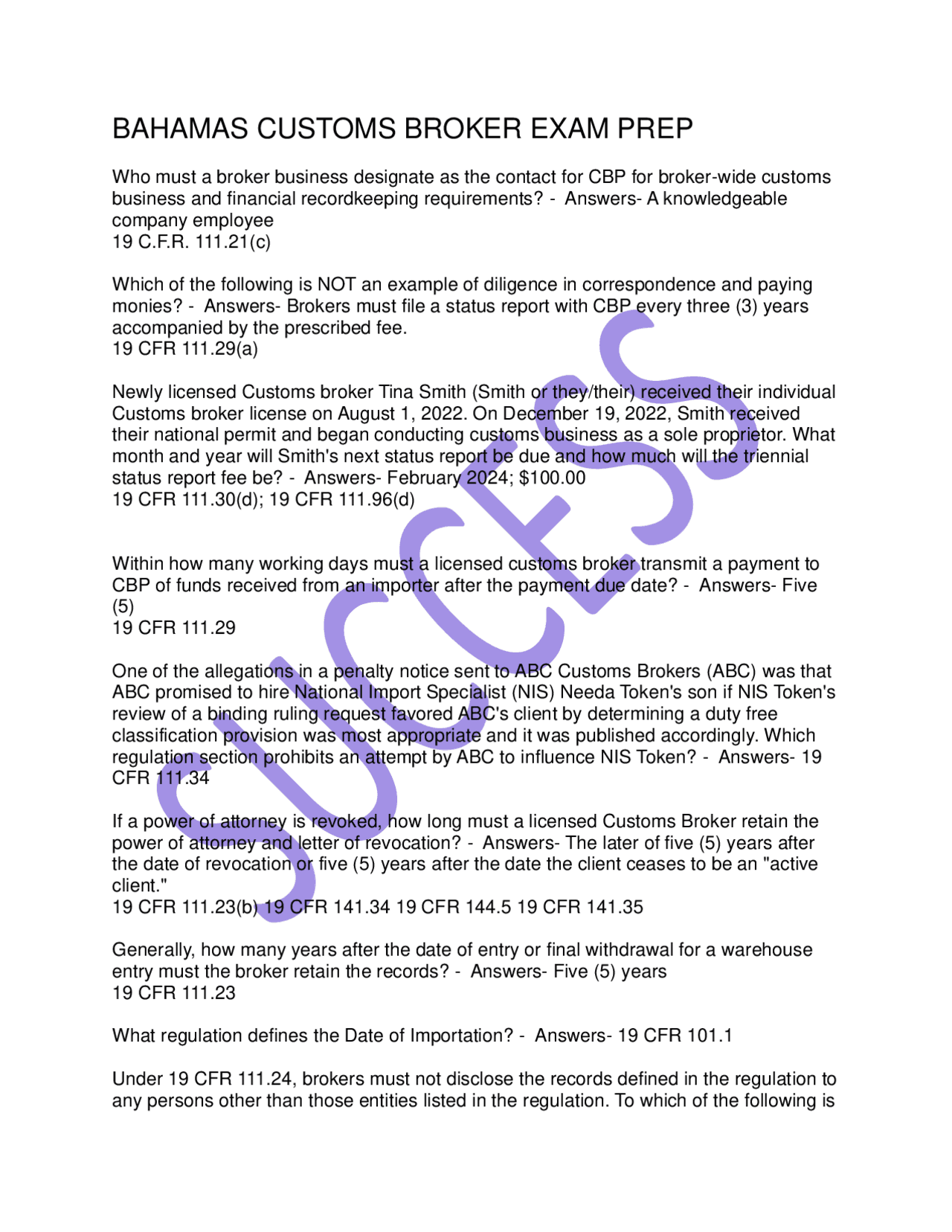 Bahamas Customs Broker Exam Prep: Questions and Answers | Exams Social Sciences | Docsity