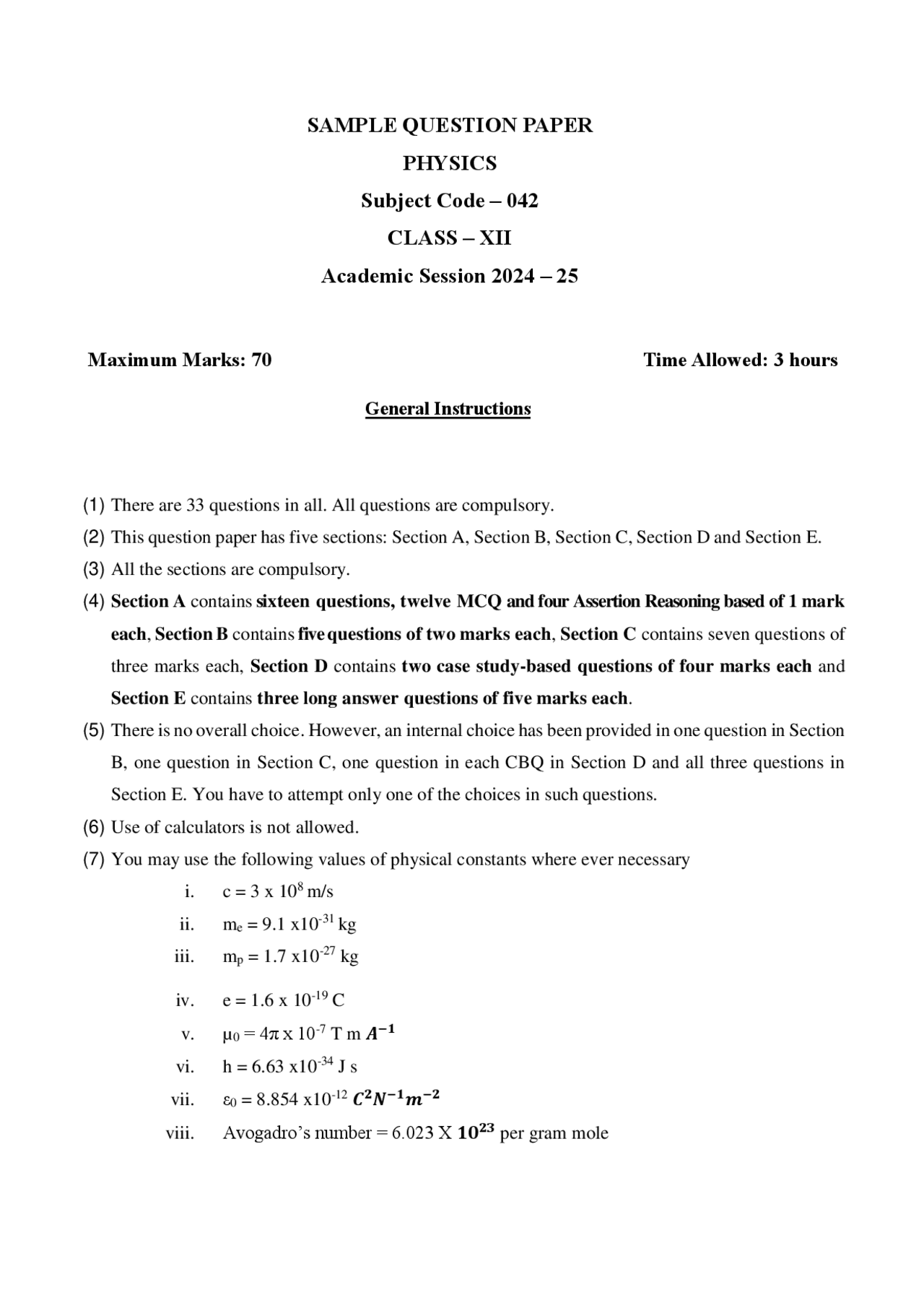 Sample Question Paper for Physics Class XII (Academic Session 2024-25) | Exercises Physics | Docsity