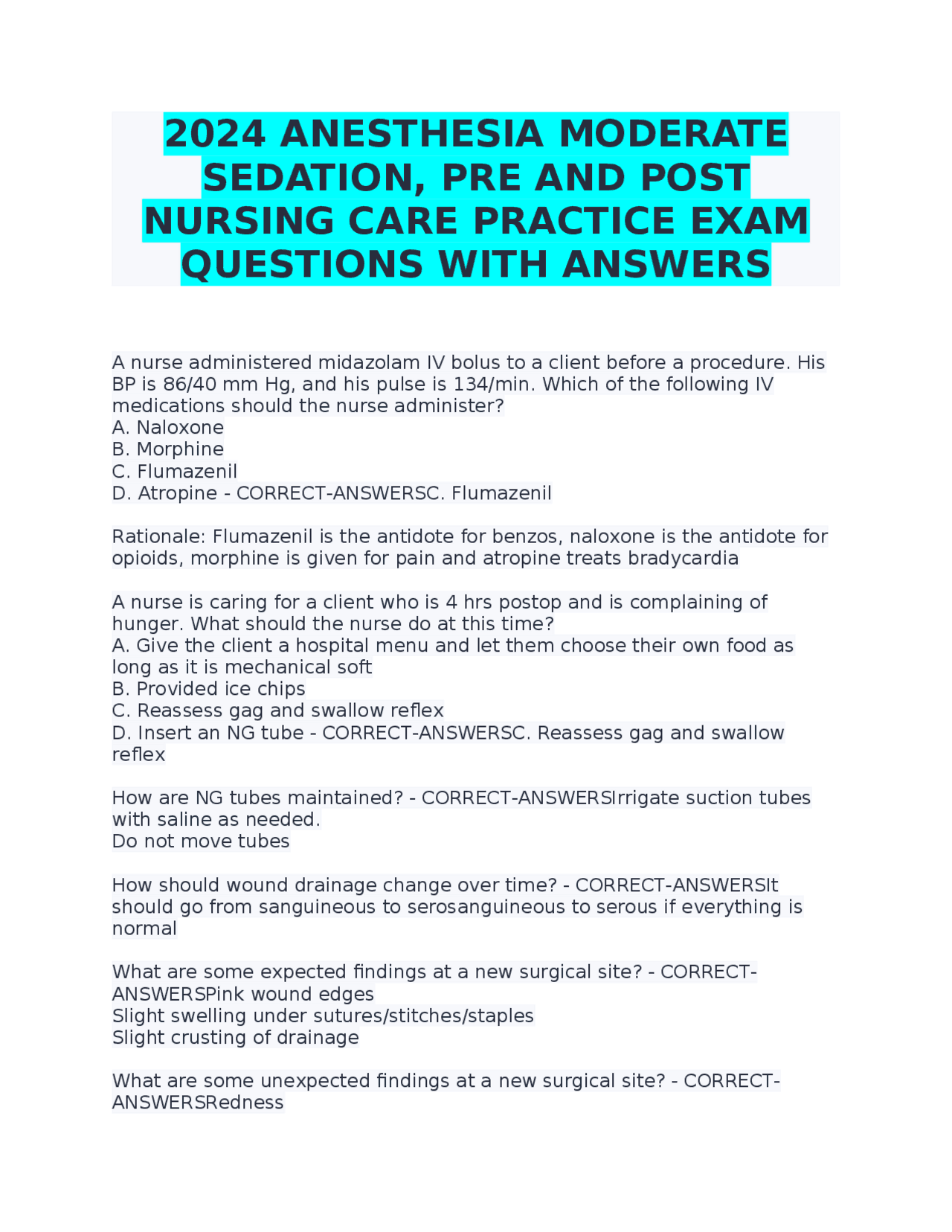 Anesthesia & Moderate Sedation Nursing Practice Exam | Exams Advanced ...