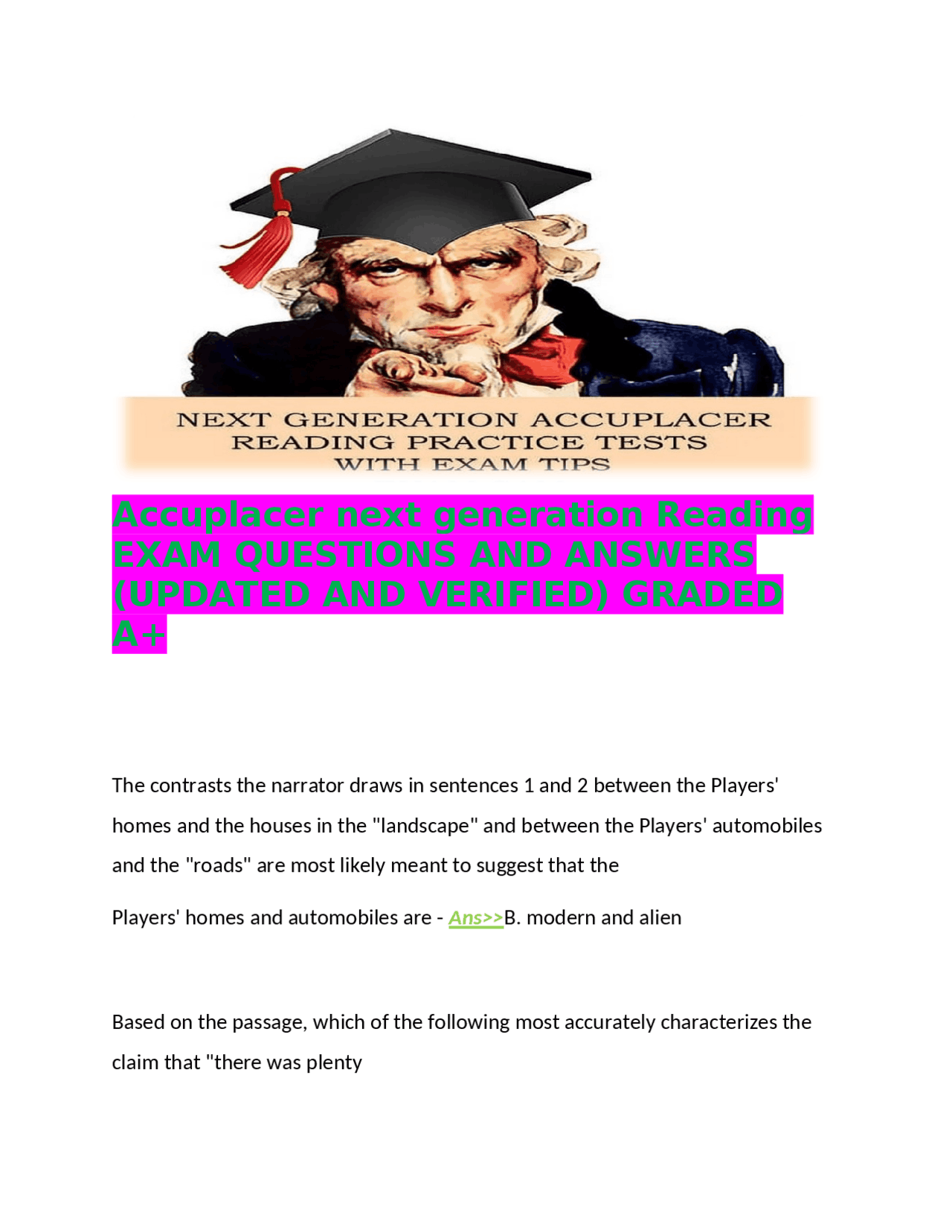 Accuplacer Next Generation Reading Exam Questions And Answers Exams Nursing Docsity