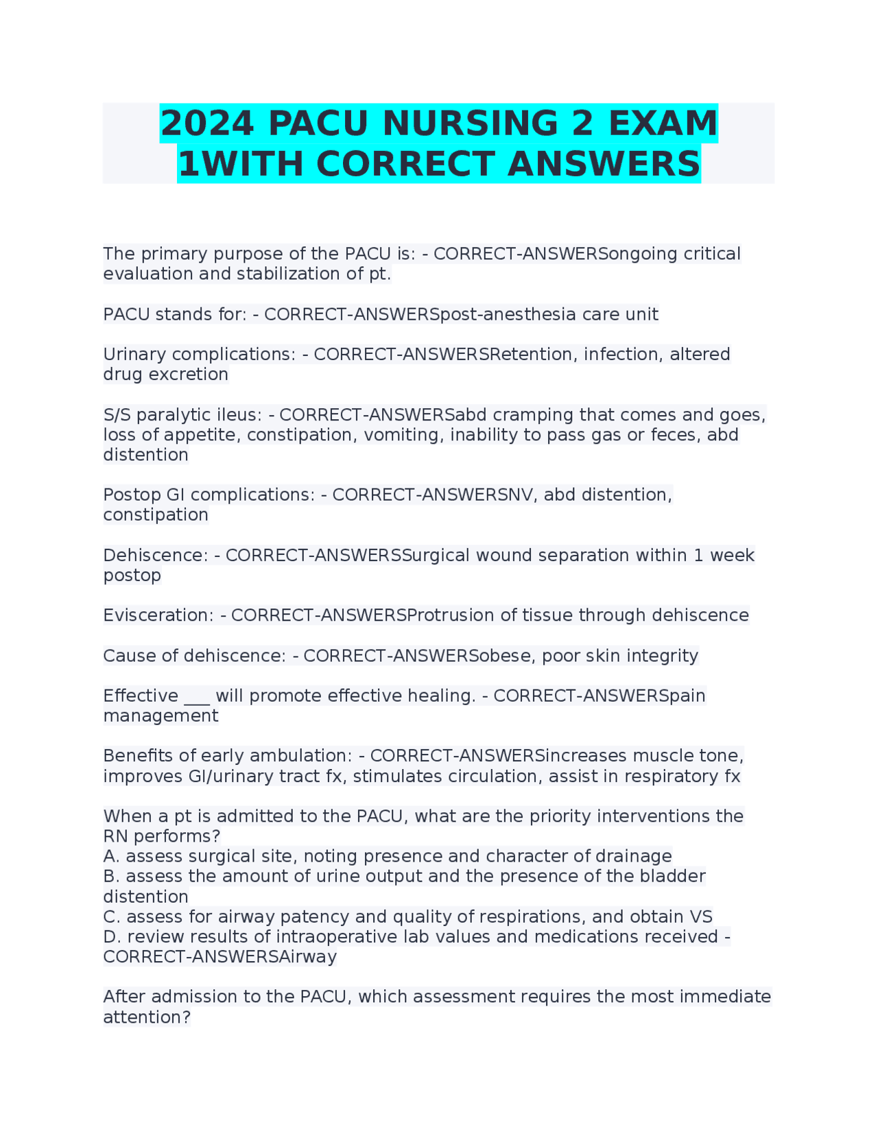 PACU Nursing 2 Exam Questions and Answers | Exams Advanced Education ...