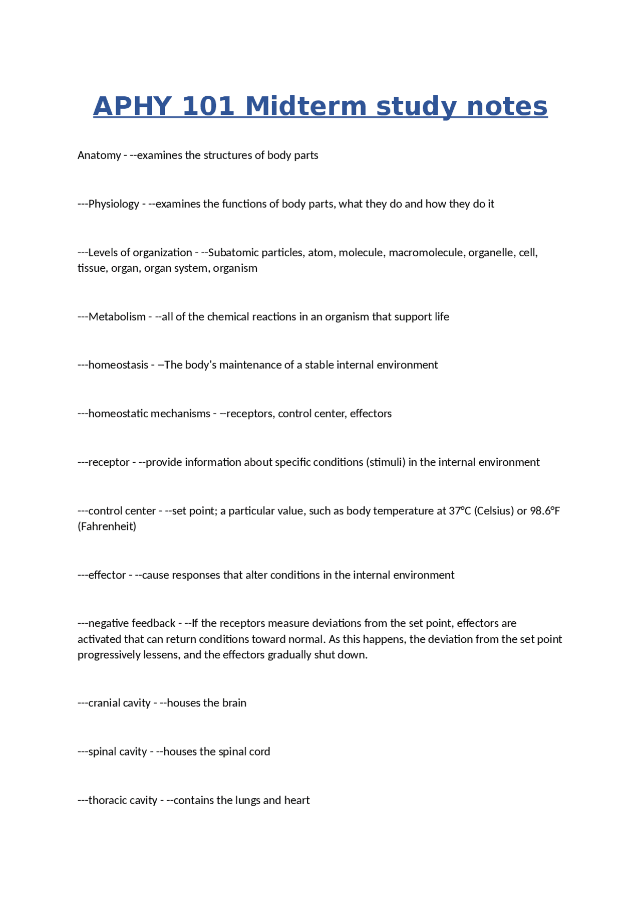 APHY 101 Midterm Study Notes: Anatomy and Physiology Basics | Exams ...