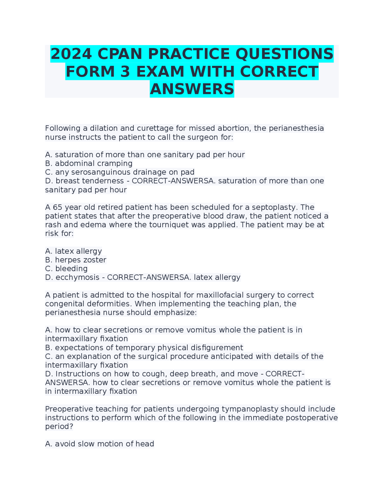 2024 CPAN Practice Questions: Perianesthesia Nursing Exam | Exams ...