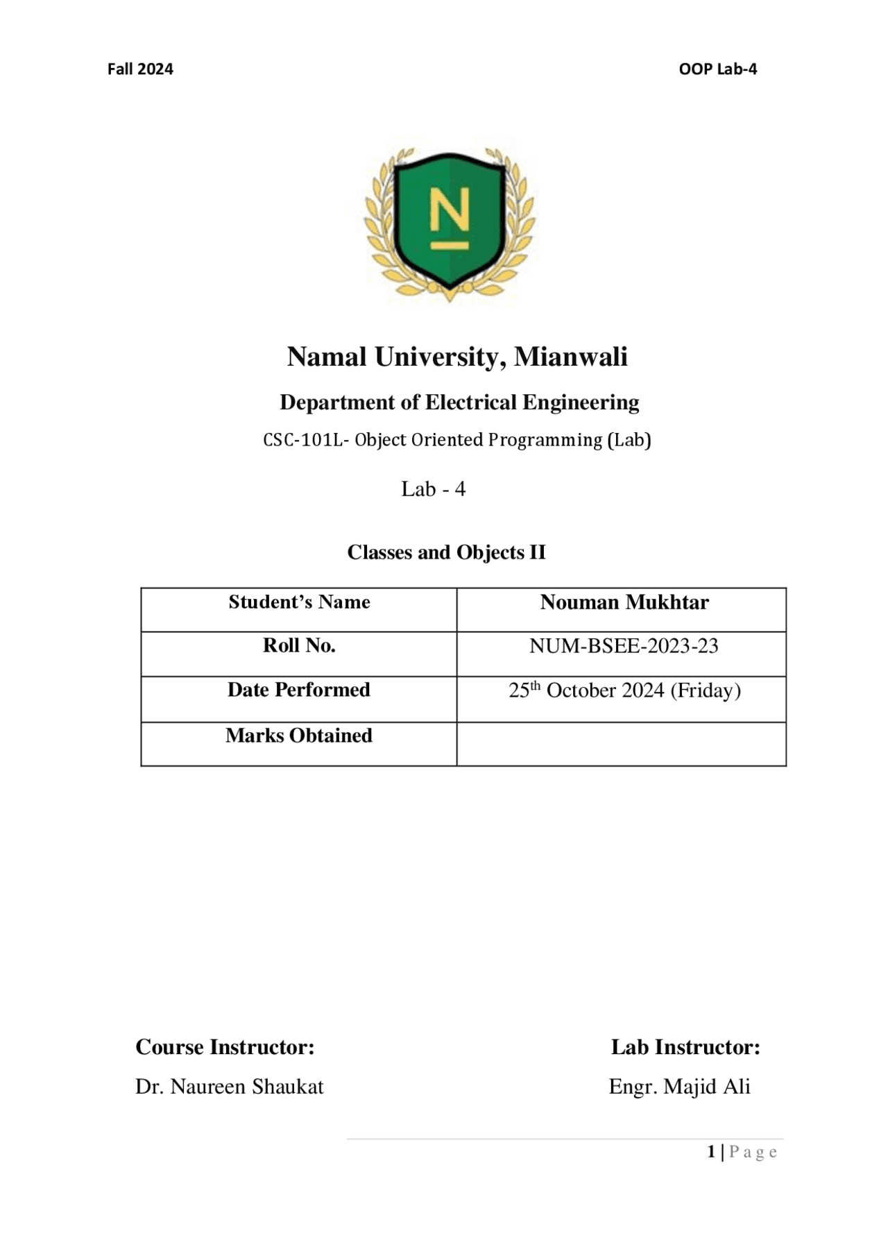 Object Oriented Programming Oop Lab 4 Classes And Objects Ii Lecture Notes Object Oriented 3777