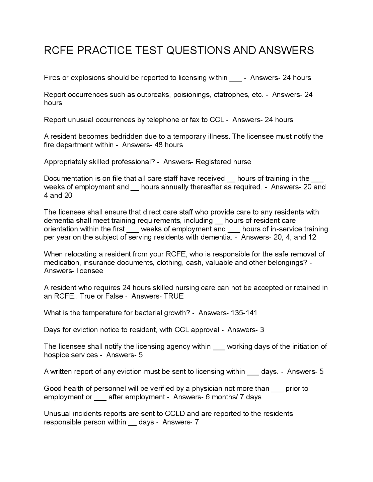 RCFE Practice Test Questions and Answers | Exams Social Sciences | Docsity