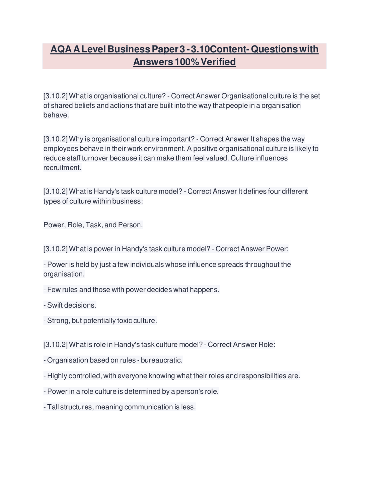 AQA A Level Business Paper 3 - 3.10 Content: Questions and Answers ...