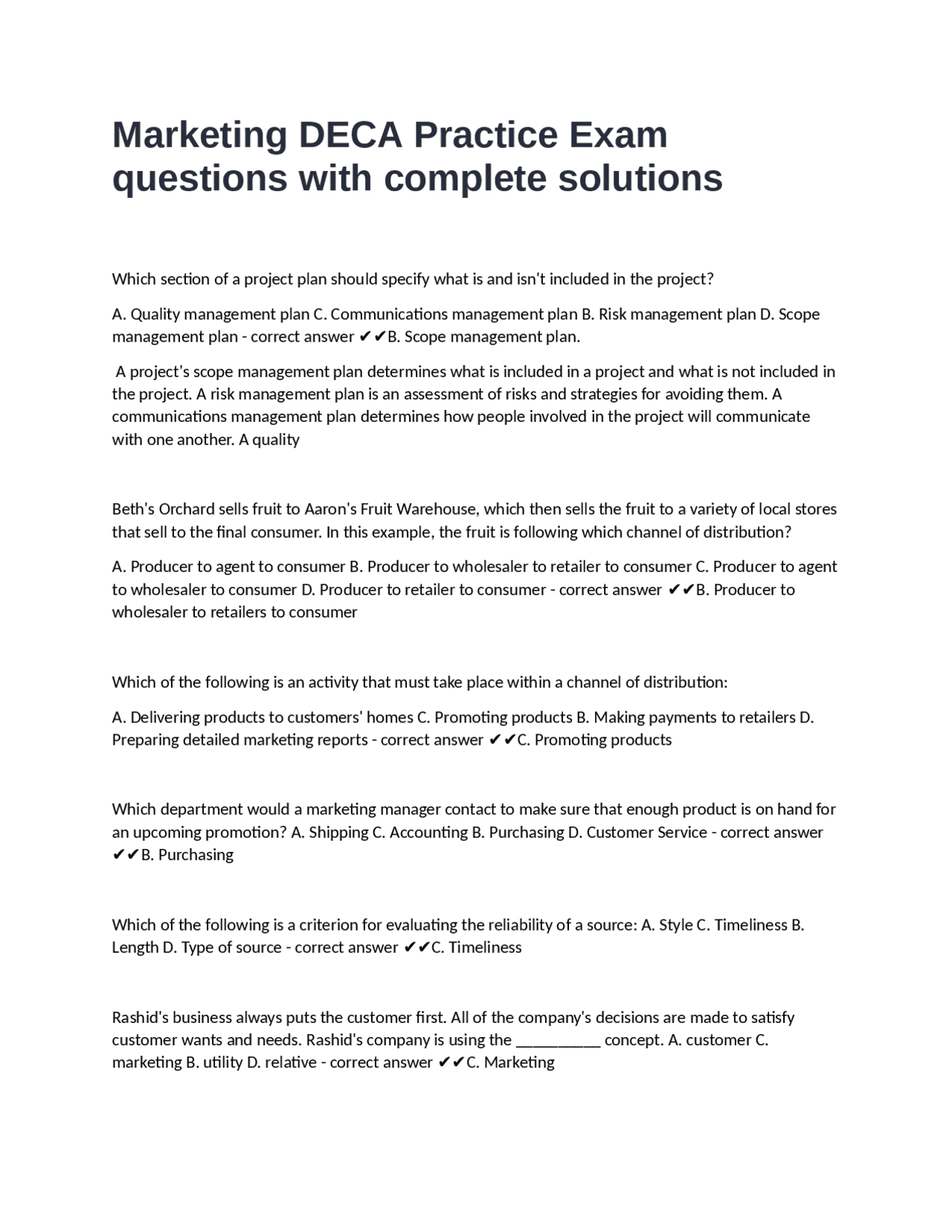 Marketing DECA Practice Exam: Multiple Choice Questions with Solutions ...