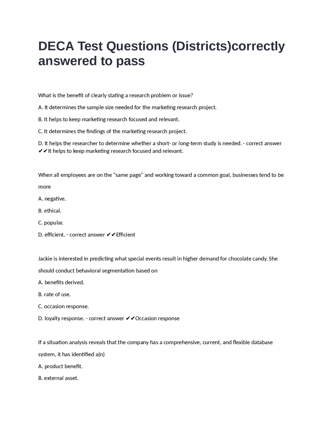 DECA Test Questions (Districts): Marketing, Business, and Management ...