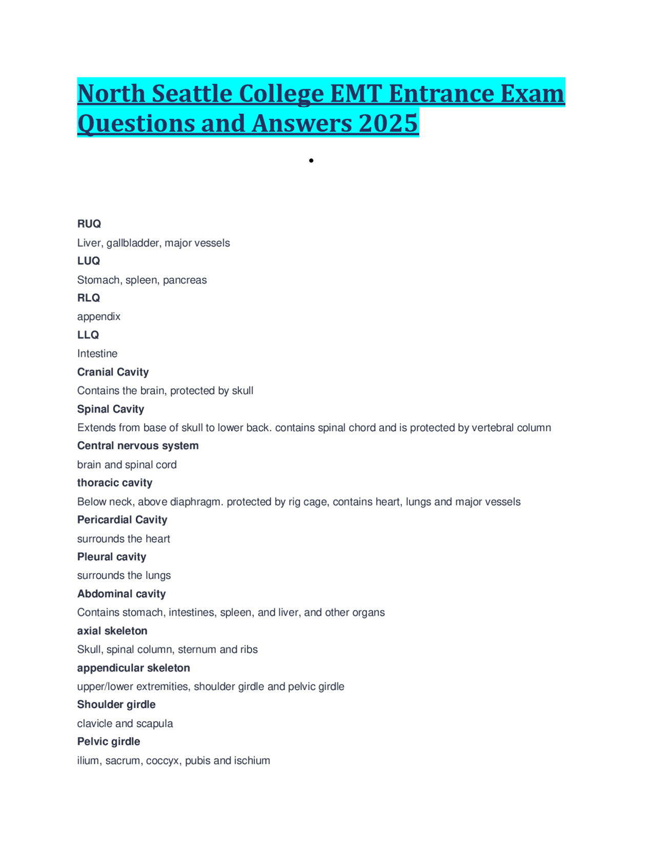 North Seattle College EMT Entrance Exam Questions and Answers 2025 ...