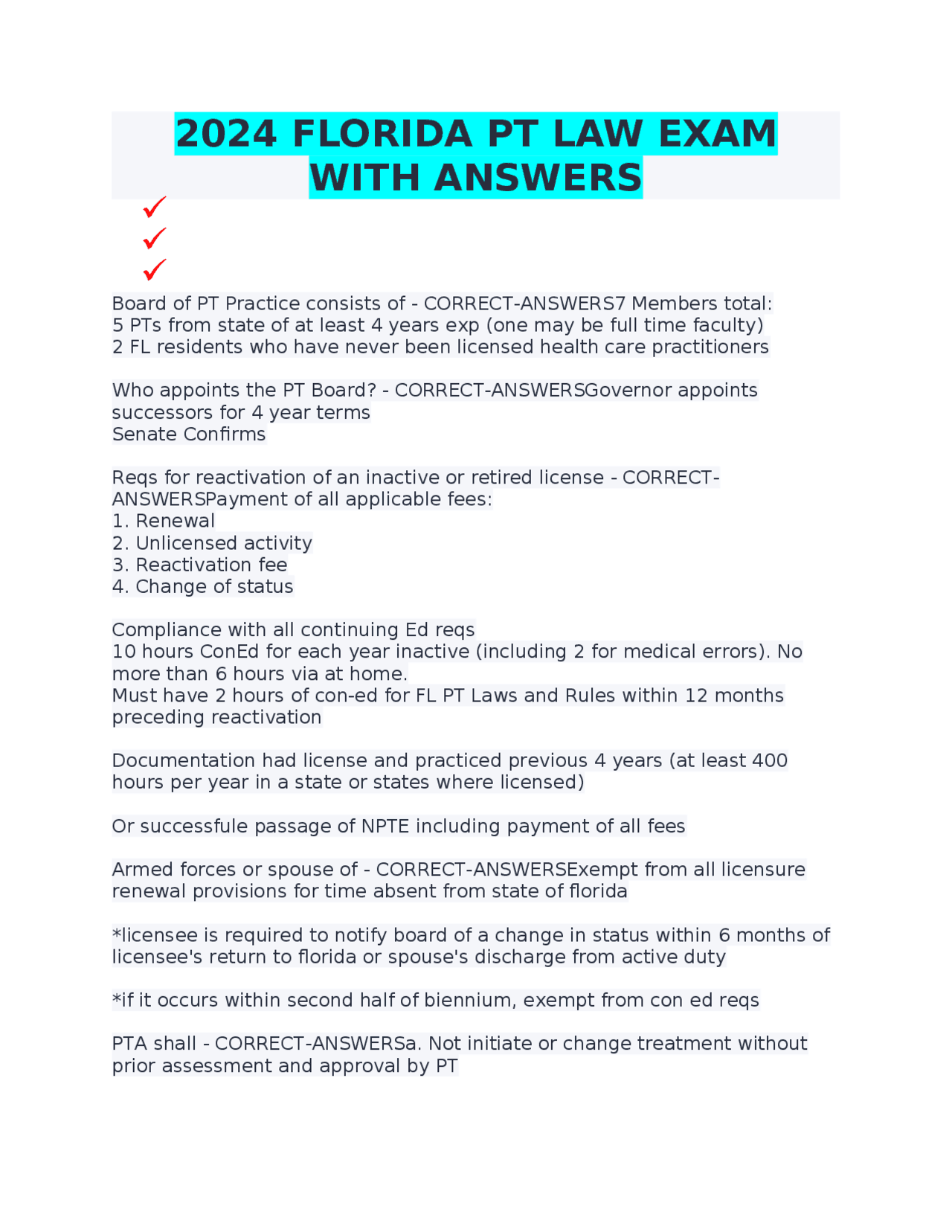Florida Physical Therapist Licensing Exam: Questions and Answers ...