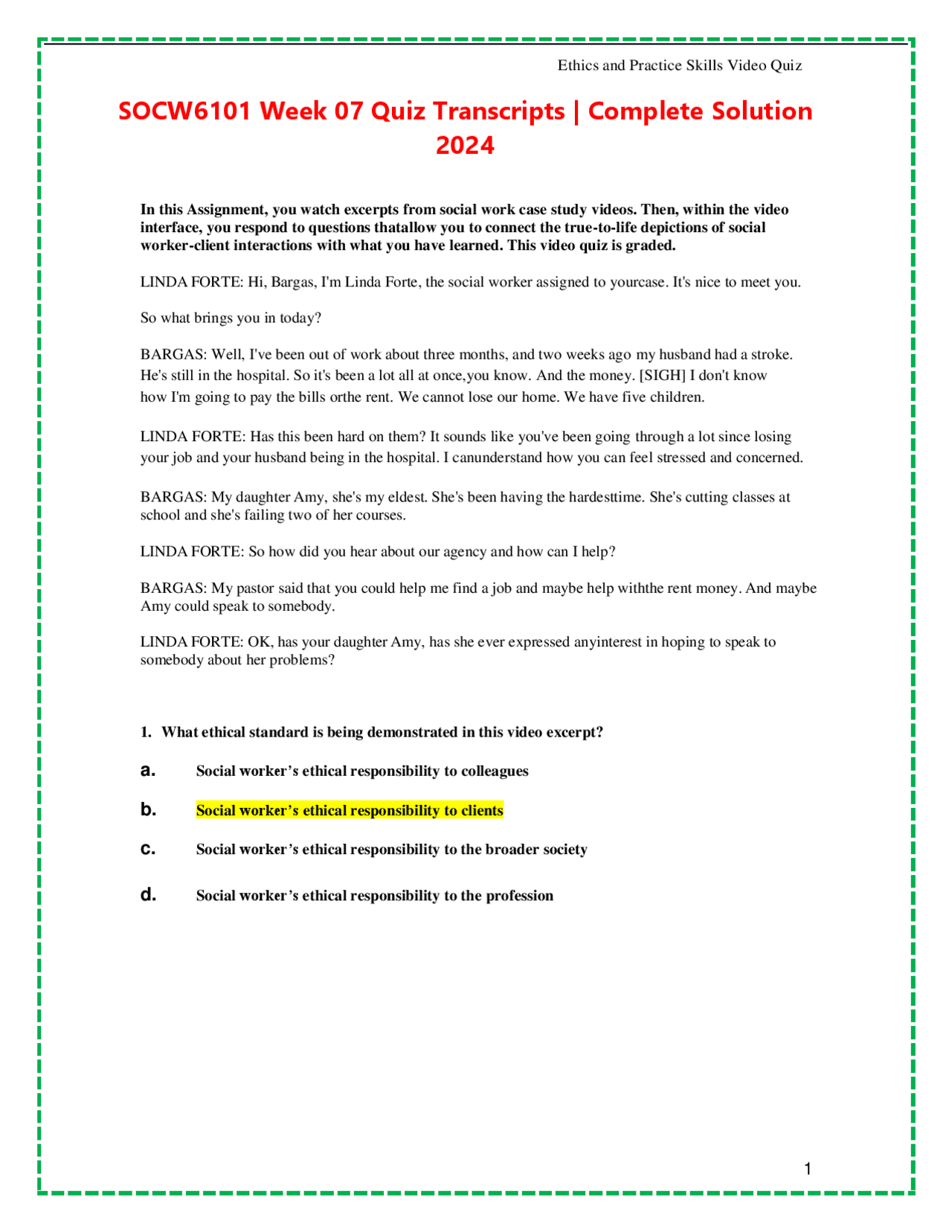 SOCW6101 Week 07 Quiz Transcripts | Complete Solution 2024 | Exams ...