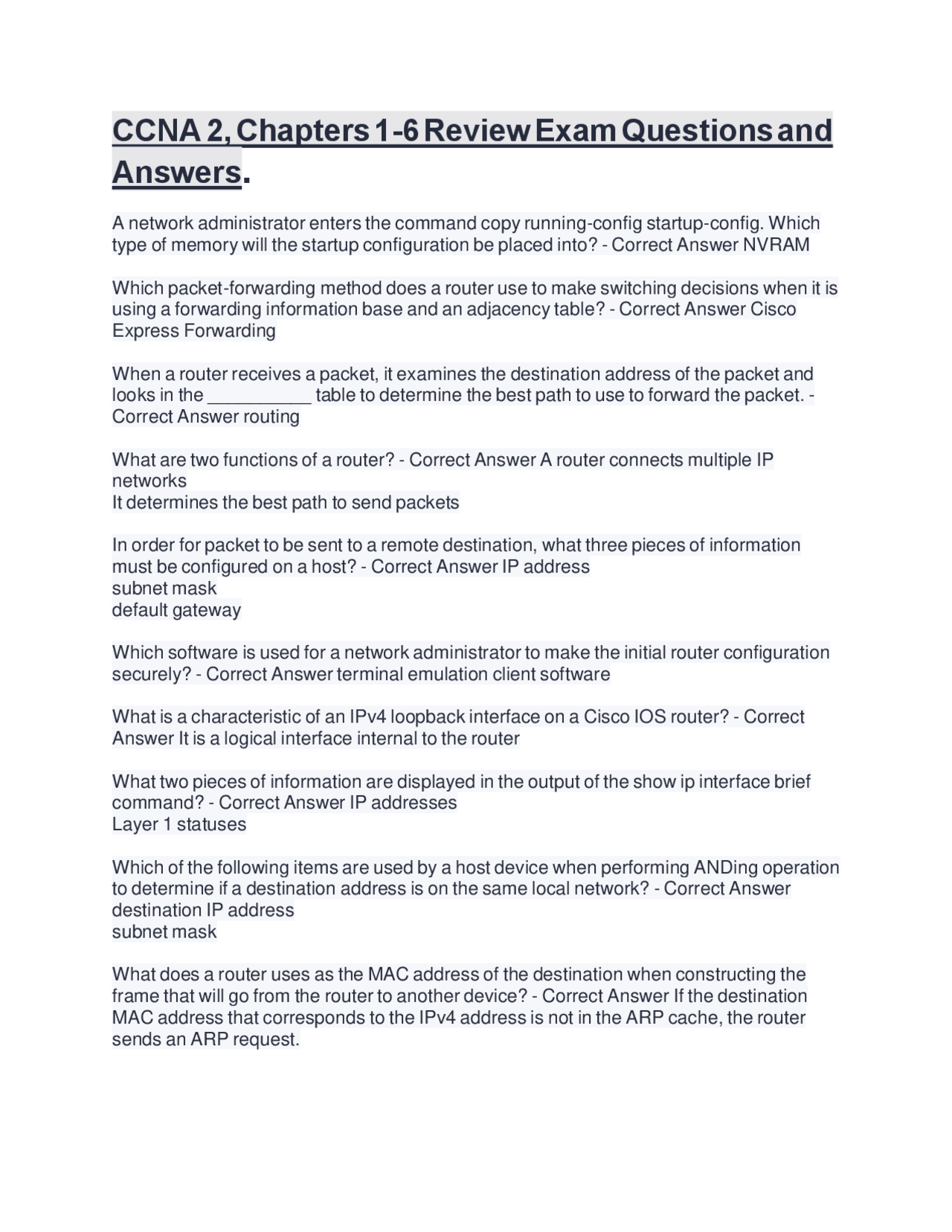 CCNA 2 Chapters 1-6 Review Exam Questions and Answers | Exams Computer Applications | Docsity