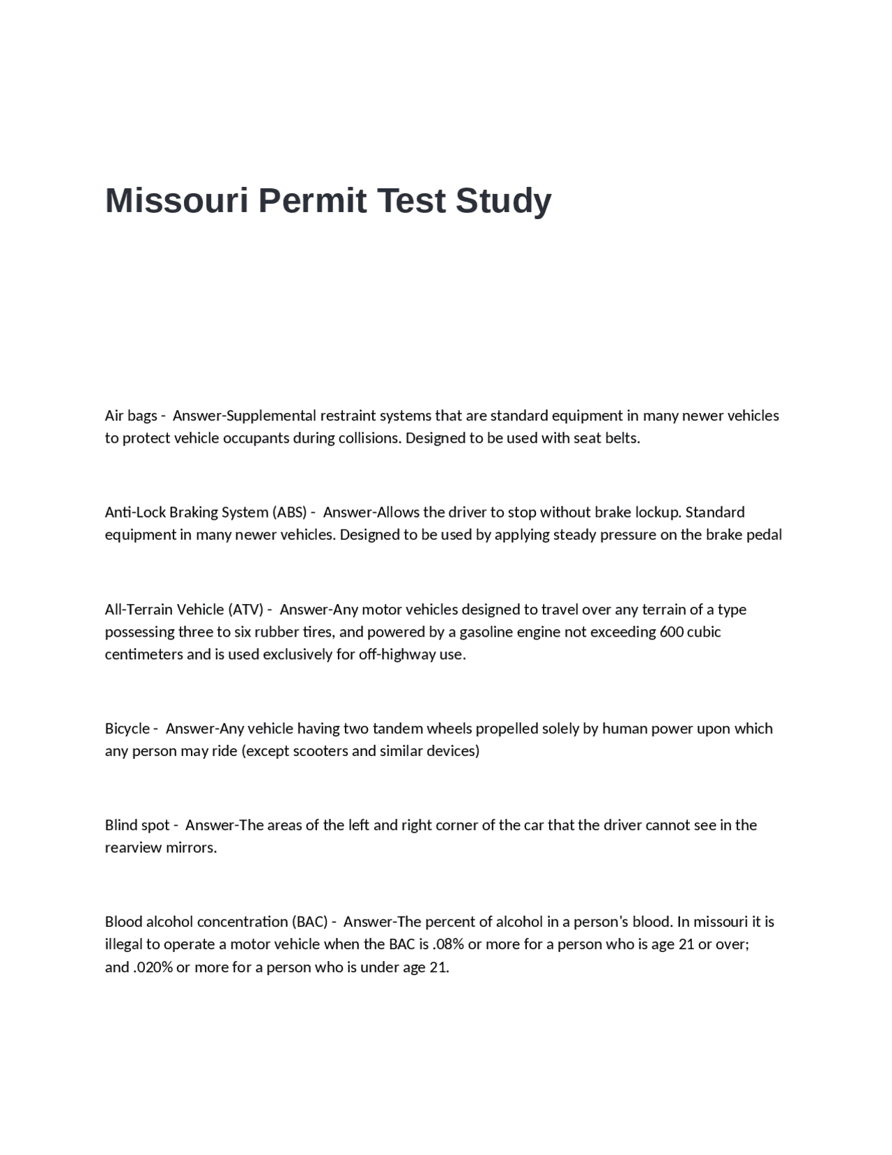 Missouri Permit Test Study Guide: Questions and Answers | Exams Nursing ...