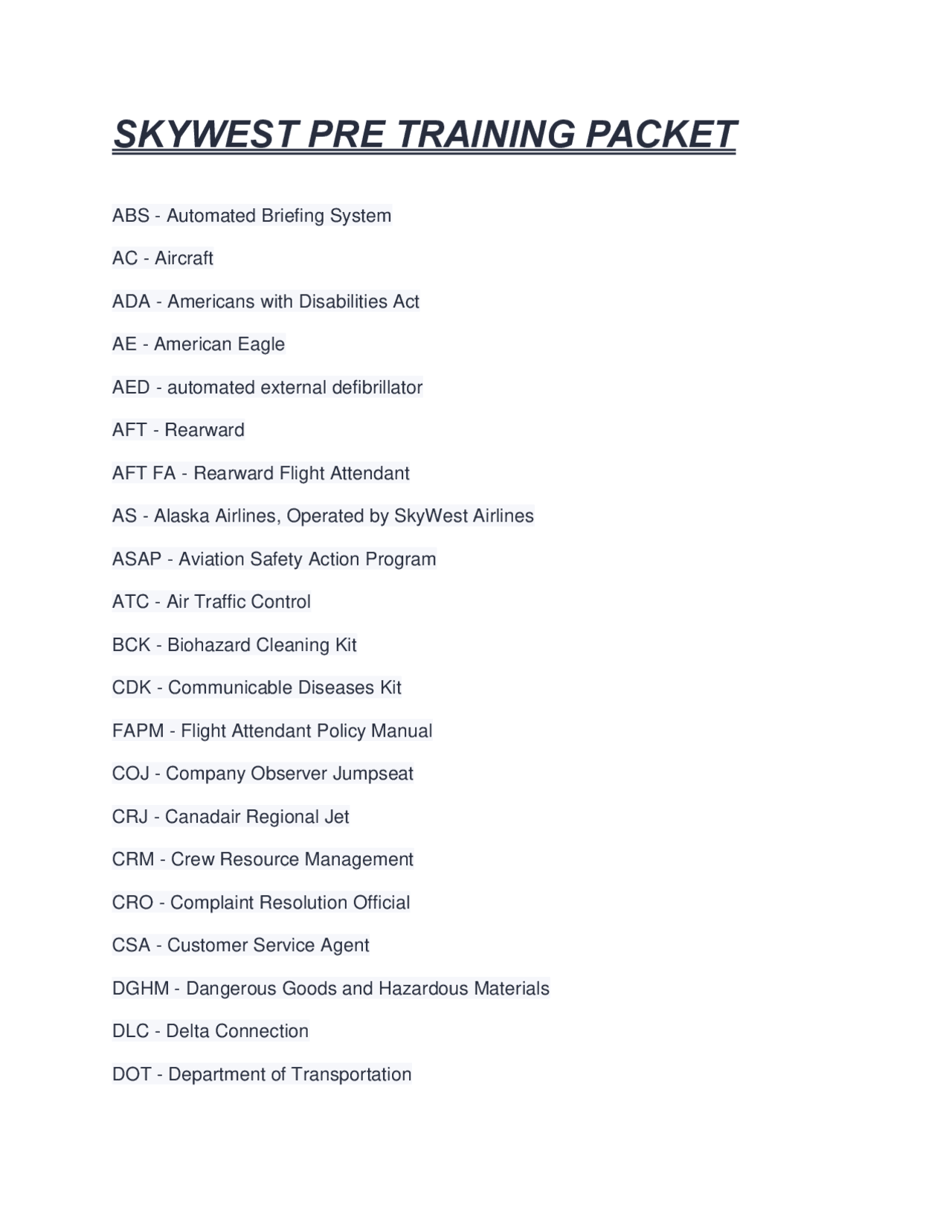 SkyWest Pre-Training Packet: Glossary of Aviation Terms | Exams ...