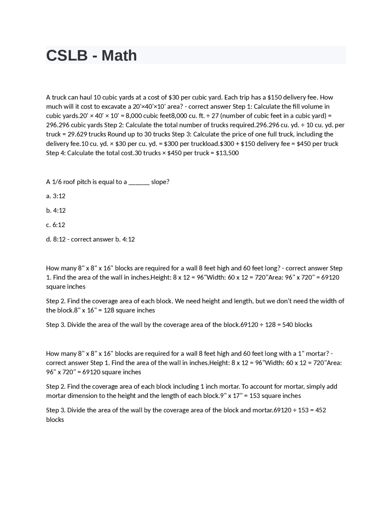 Construction Math Exercises and Solutions | Exams Mathematics | Docsity