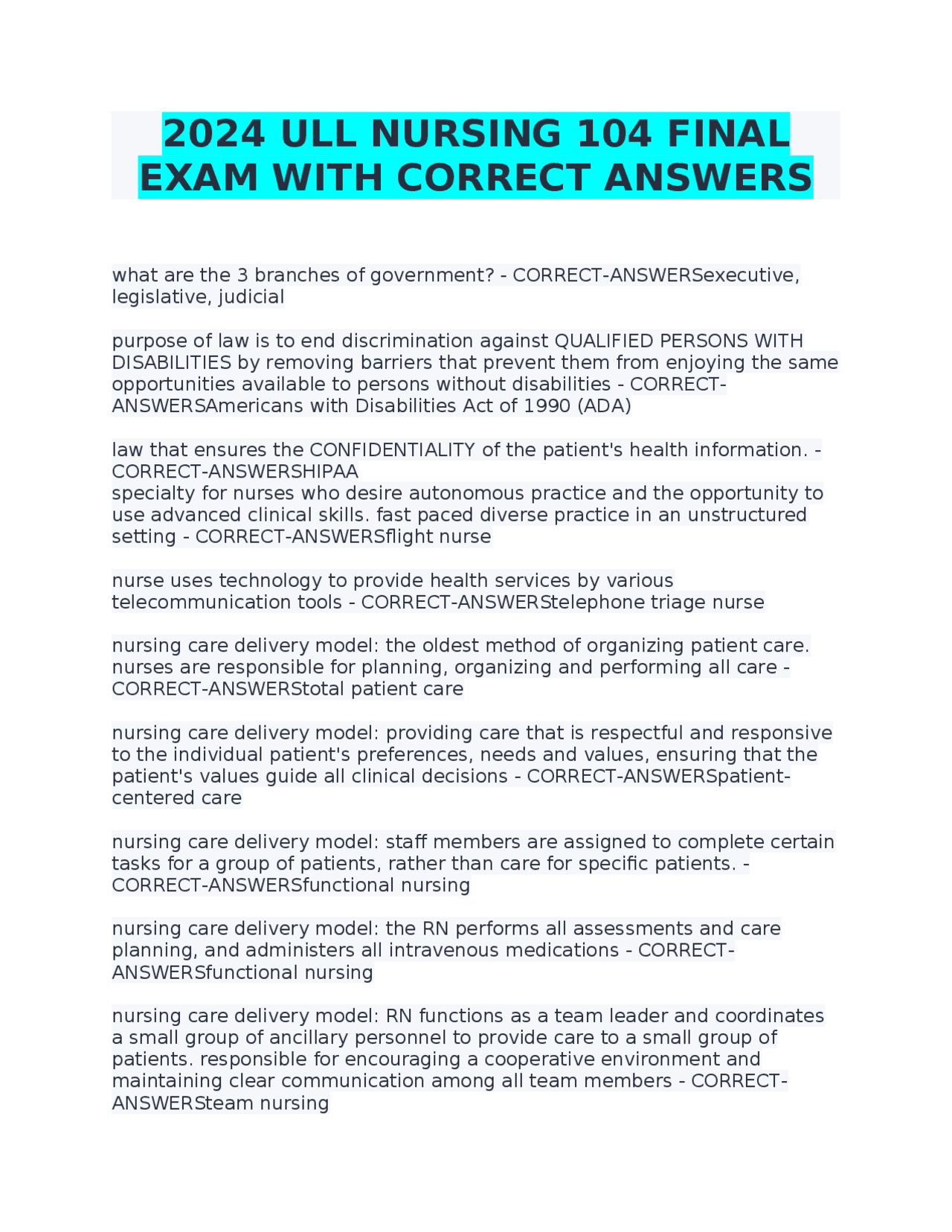 2024 ULL NURSING 104 FINAL EXAM WITH CORRECT ANSWERS | Exams Advanced ...