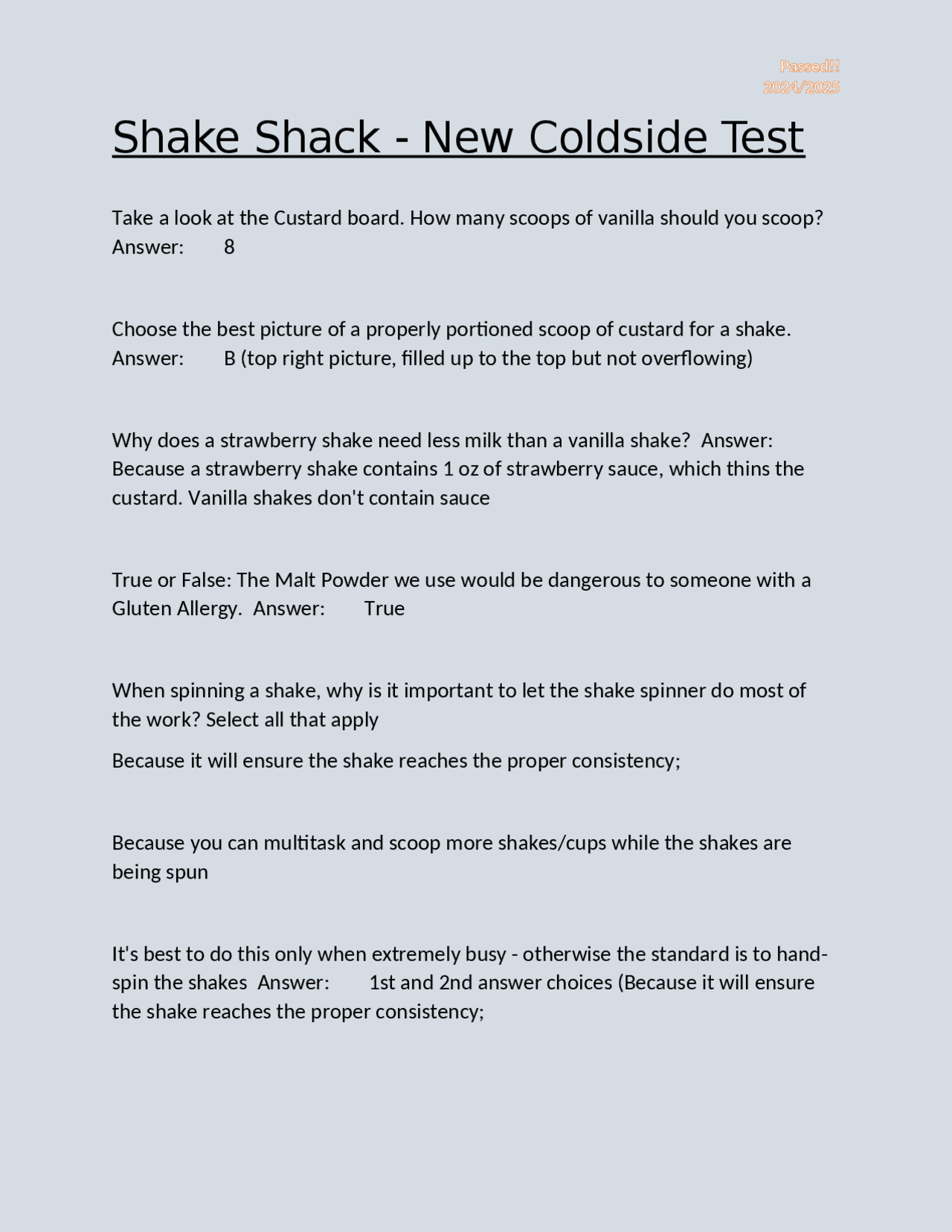 Shake Shack Training Quiz: Custard and Shakes | Exams Marketing ...