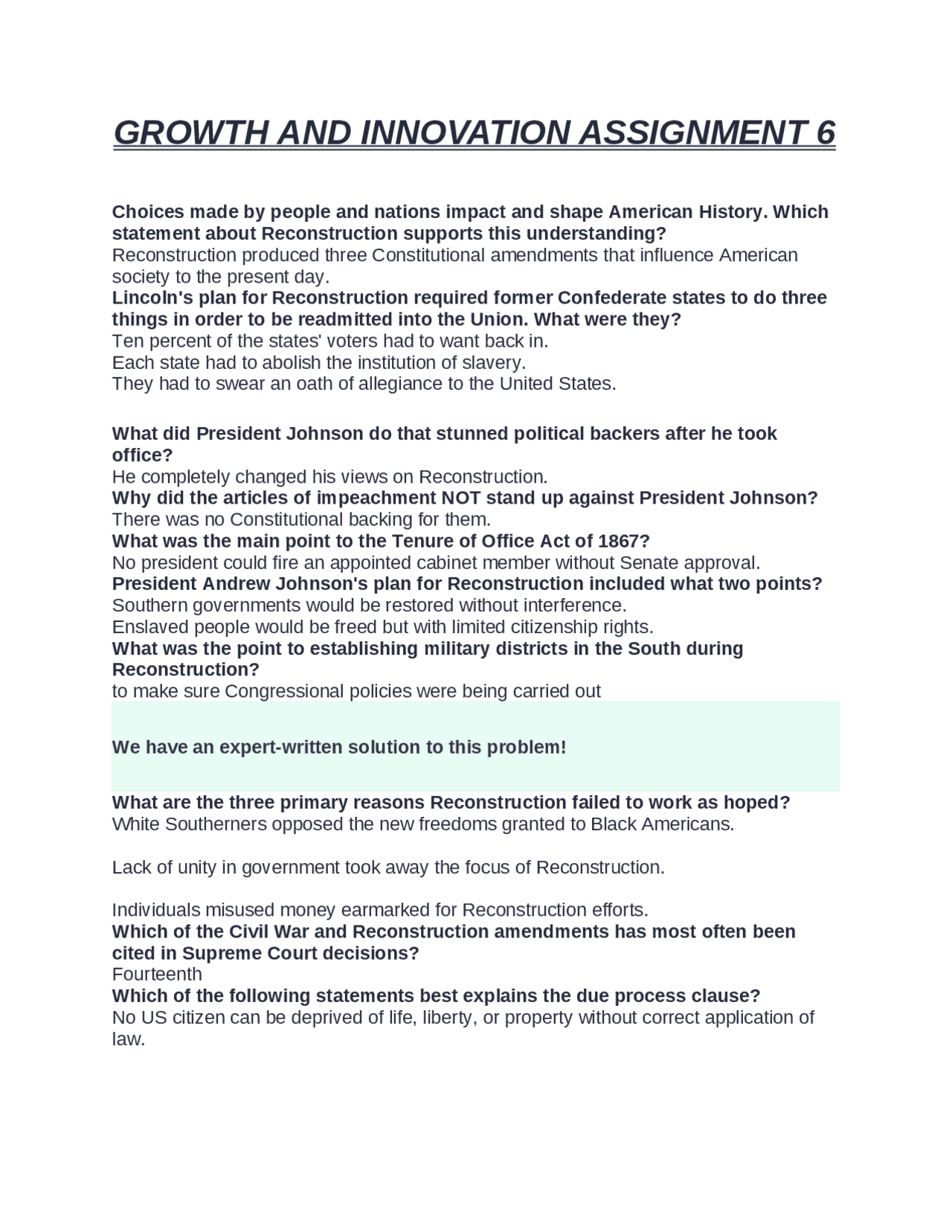 Reconstruction Era: Multiple Choice Questions and Answers | Exams ...