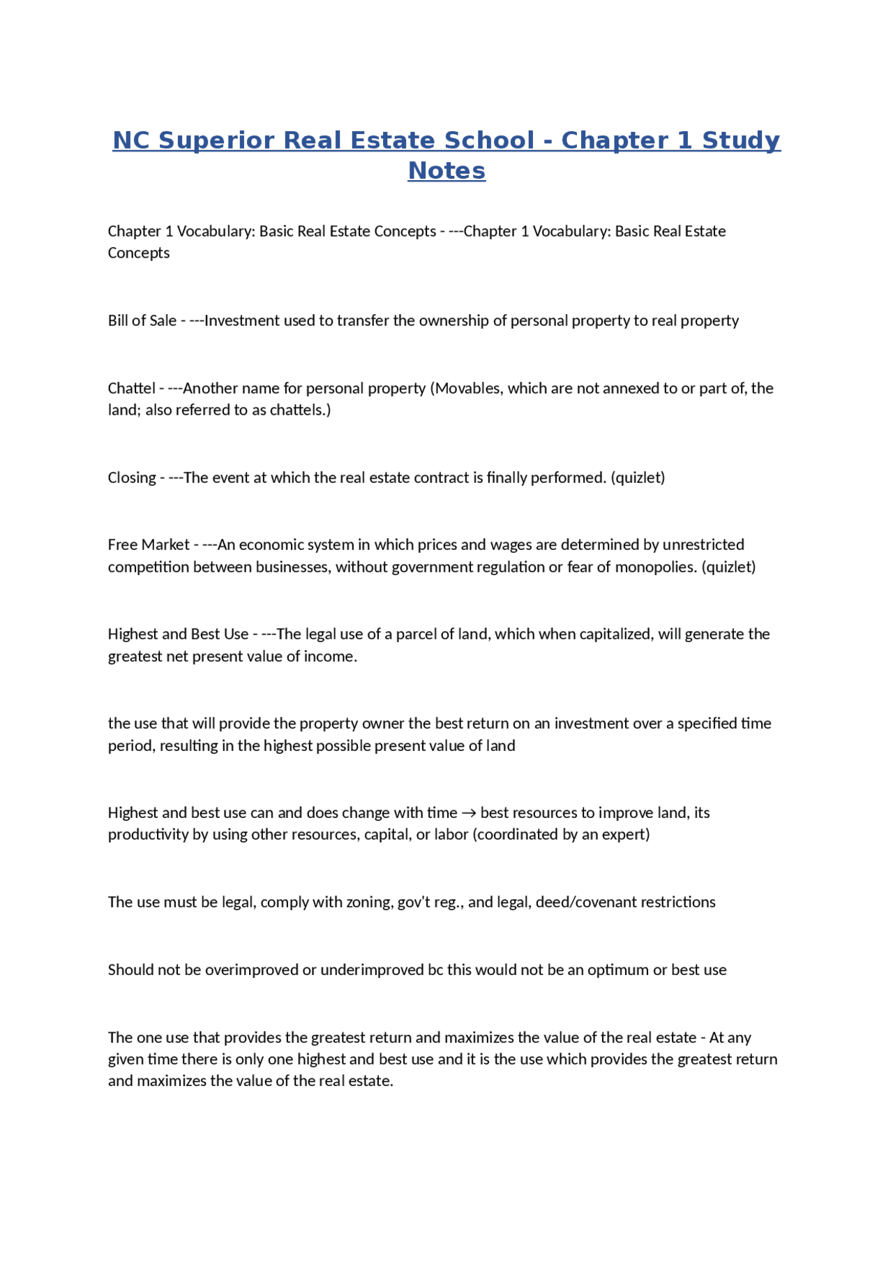 NC Superior Real Estate School - Chapter 1 Study Notes: Basic Real ...