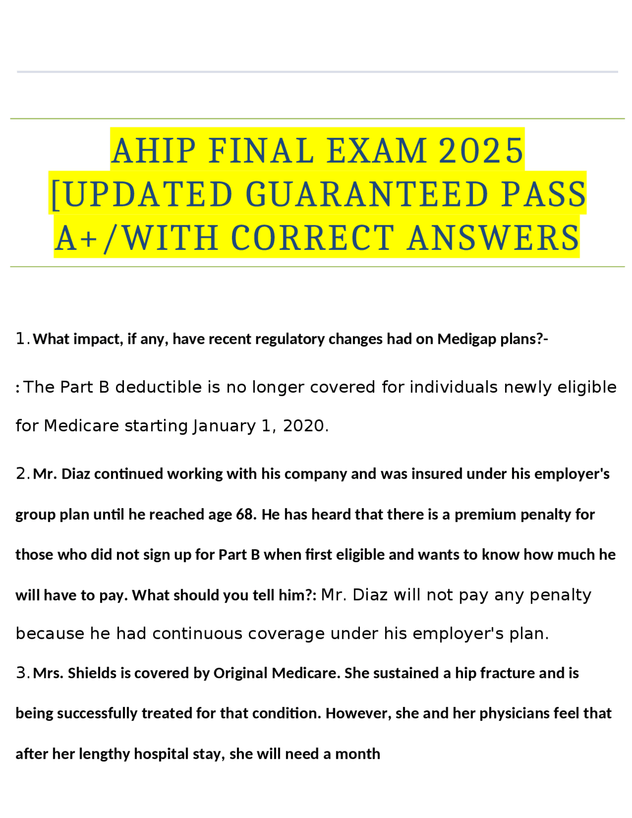 AHIP FINAL EXAM 2025 [UPDATED GUARANTEED PASS A+/WITH CORRECT ANSWERS ...