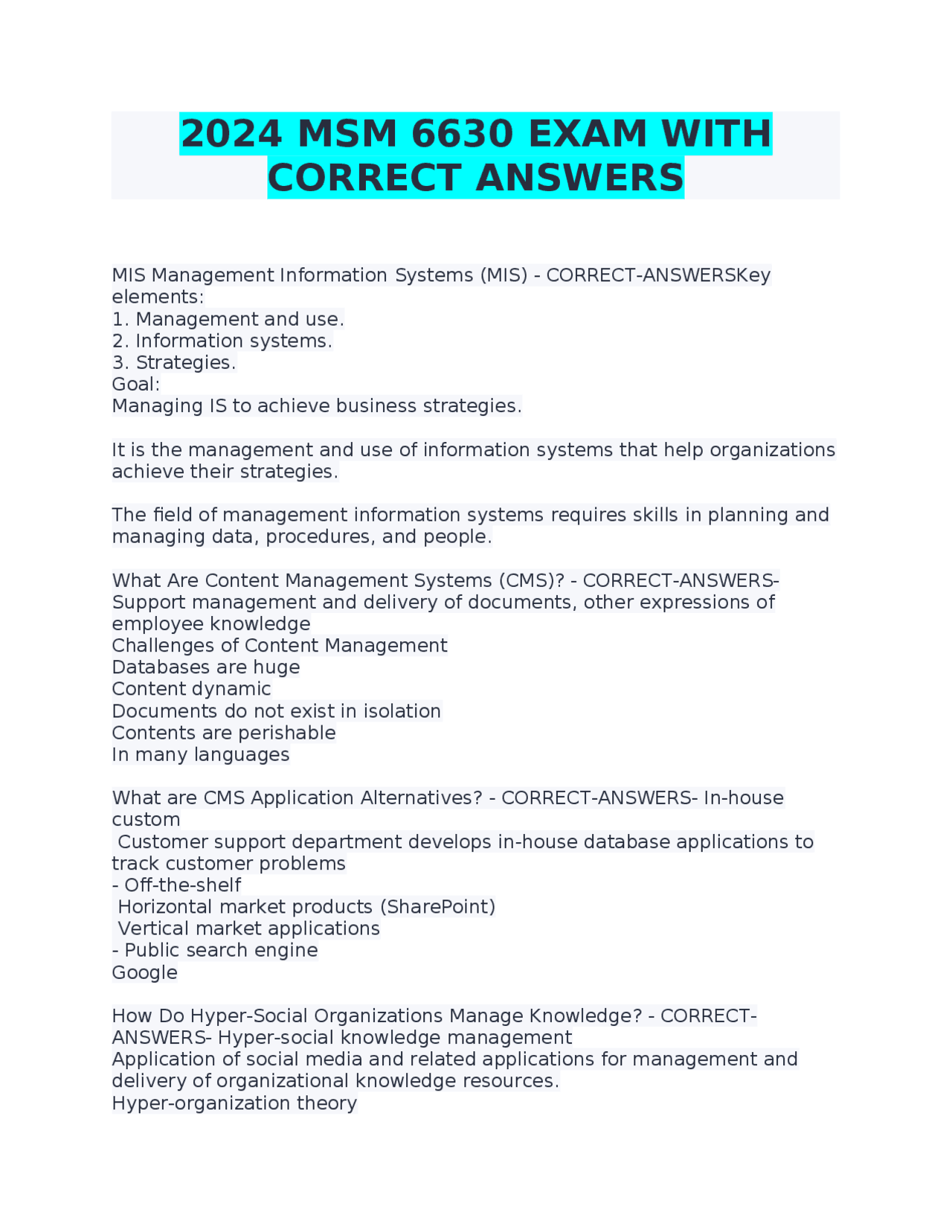 MIS Management Information Systems Exam with Correct Answers | Exams ...