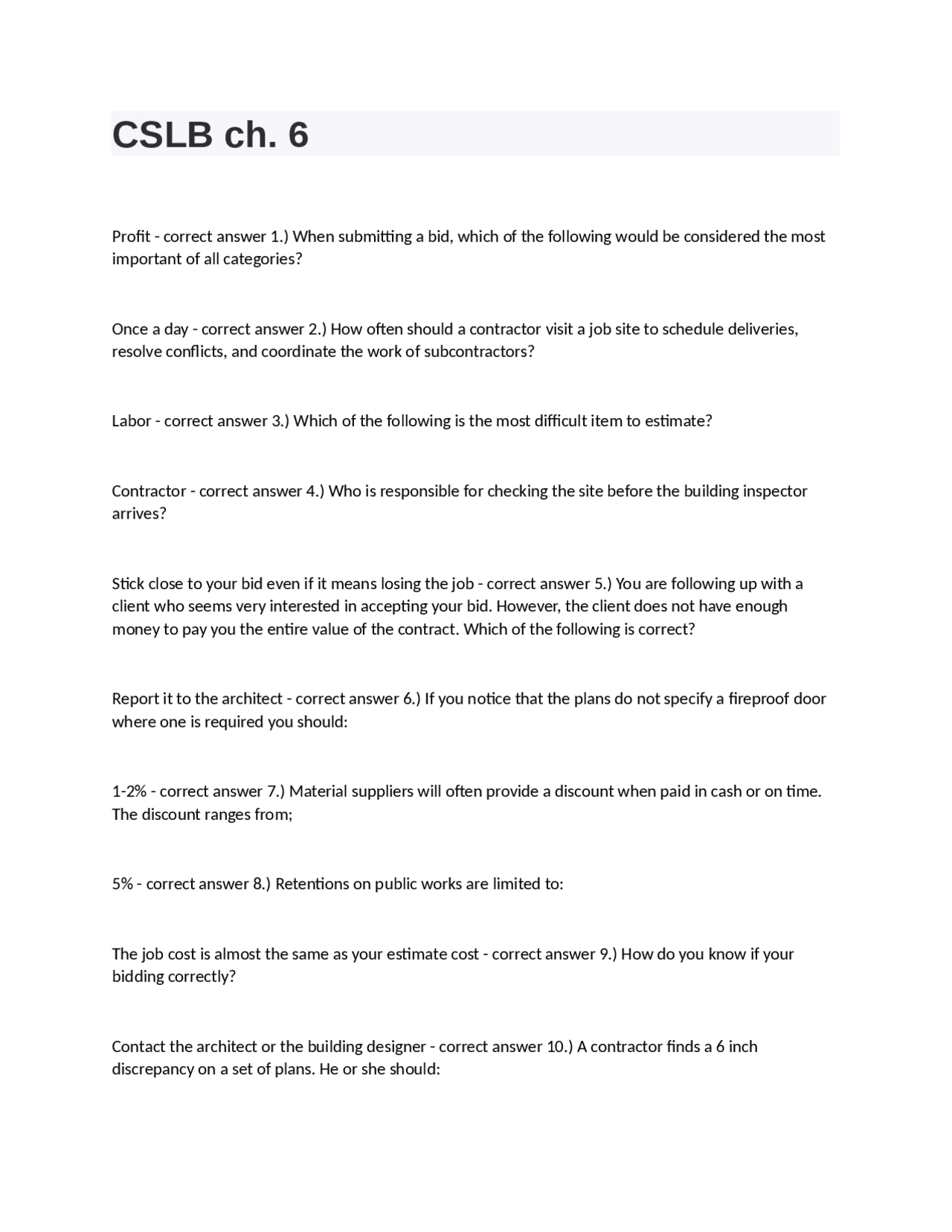 CSLB Chapter 6: Construction Bidding and Contract Management Exercises ...