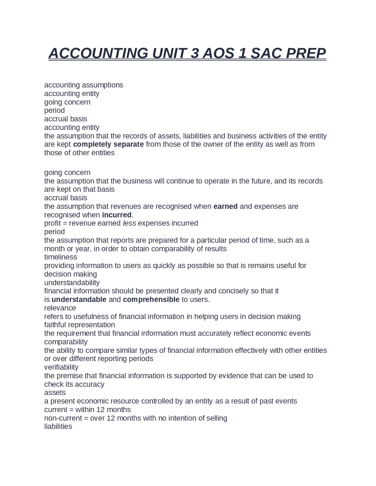 Accounting Unit 3 AOS 1 SAC Prep: Accounting Assumptions, Principles ...