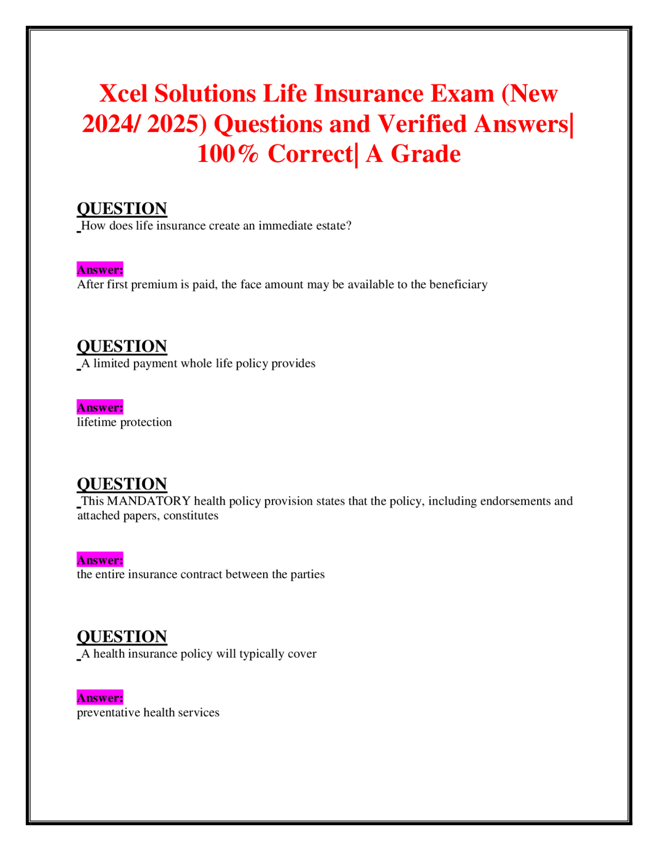 Xcel Solutions Life Insurance Exam (New 2024/ 2025) Questions and ...