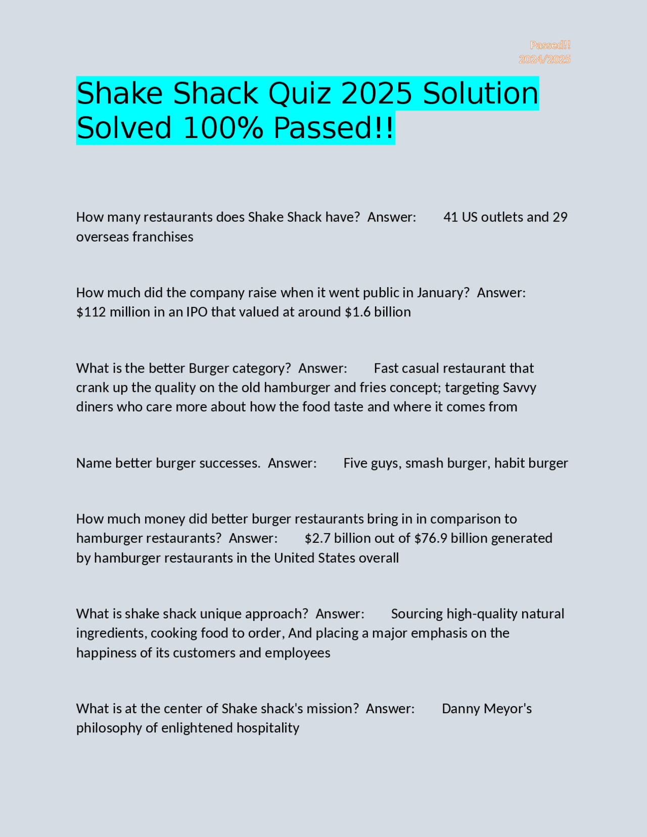 Shake Shack Quiz 2025 Solution | Exams Brand Management | Docsity