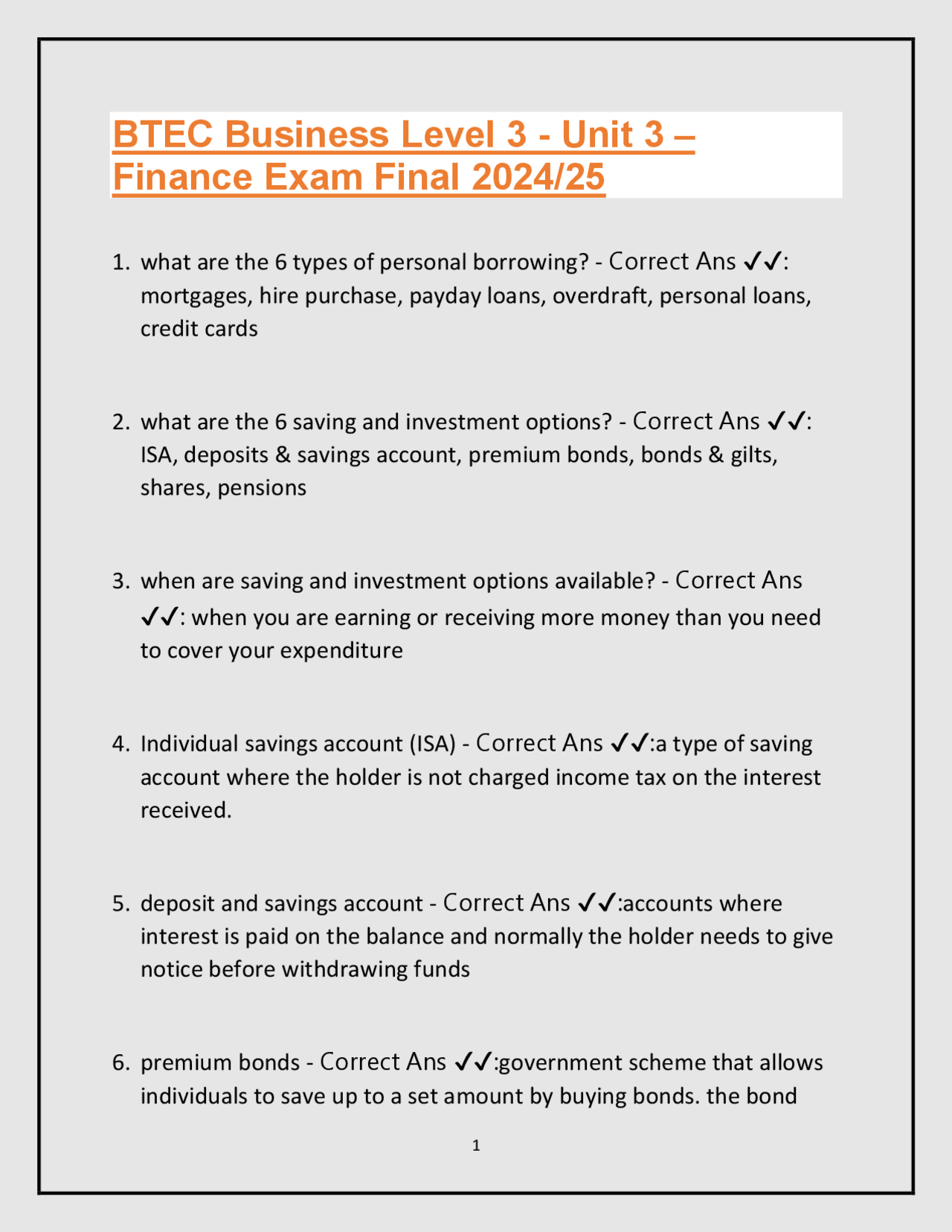 BTEC Business Level 3 - Unit 3 - Finance Exam Final 2024/25: Questions ...