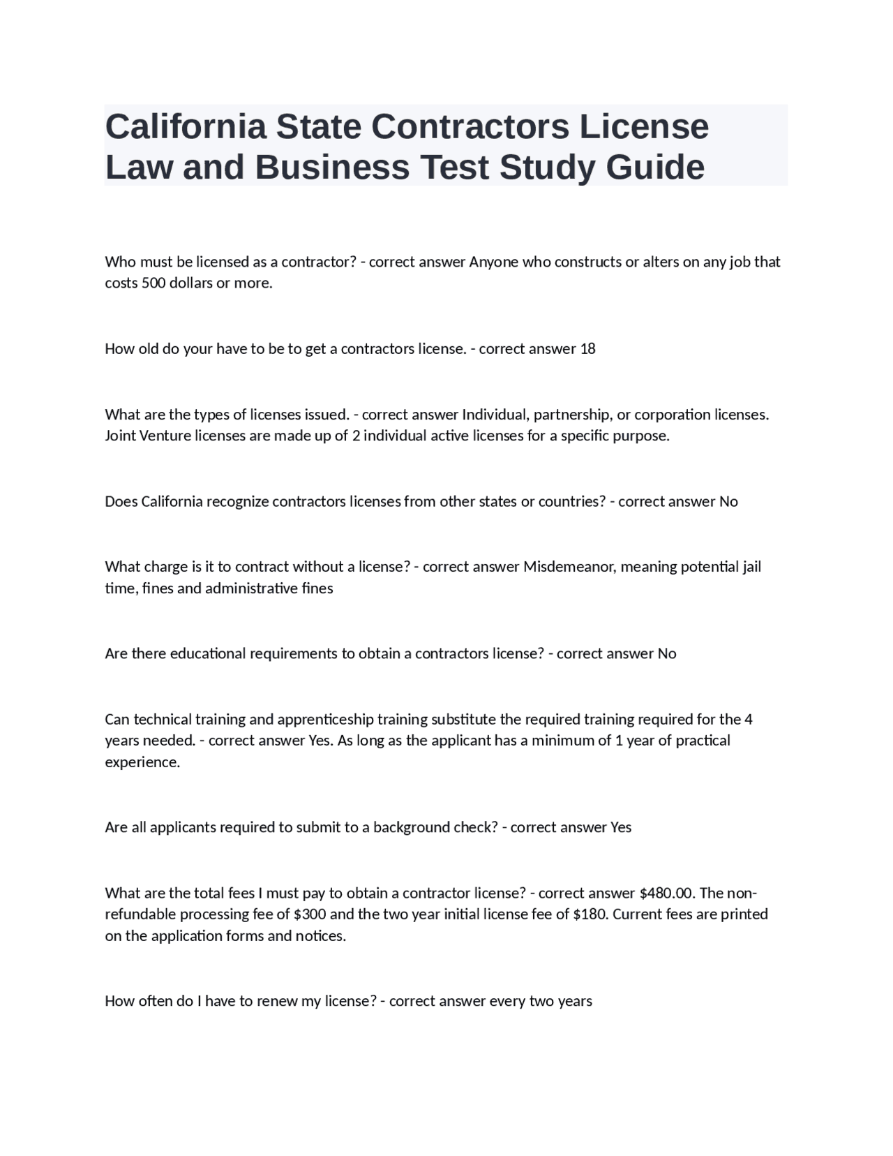 California State Contractors License Law and Business Test Study Guide ...