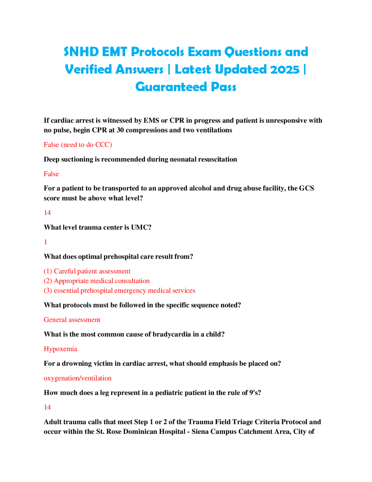 SNHD EMT Protocols Exam Questions and Verified Answers | Latest Updated ...